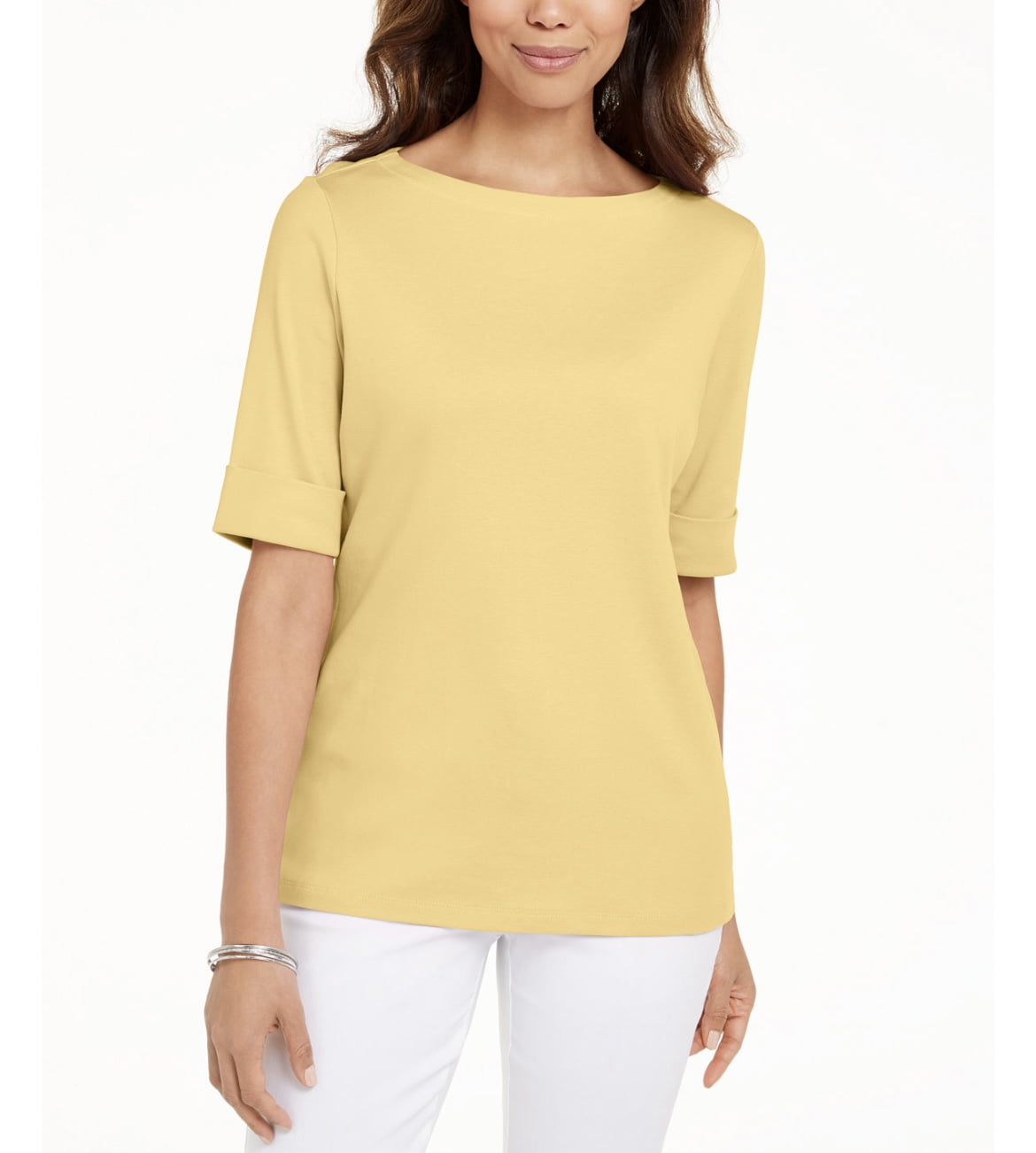 Karen Scott Women's 3/4 Sleeve Cotton Boat-Neck Top Citron Aura Size XL ...