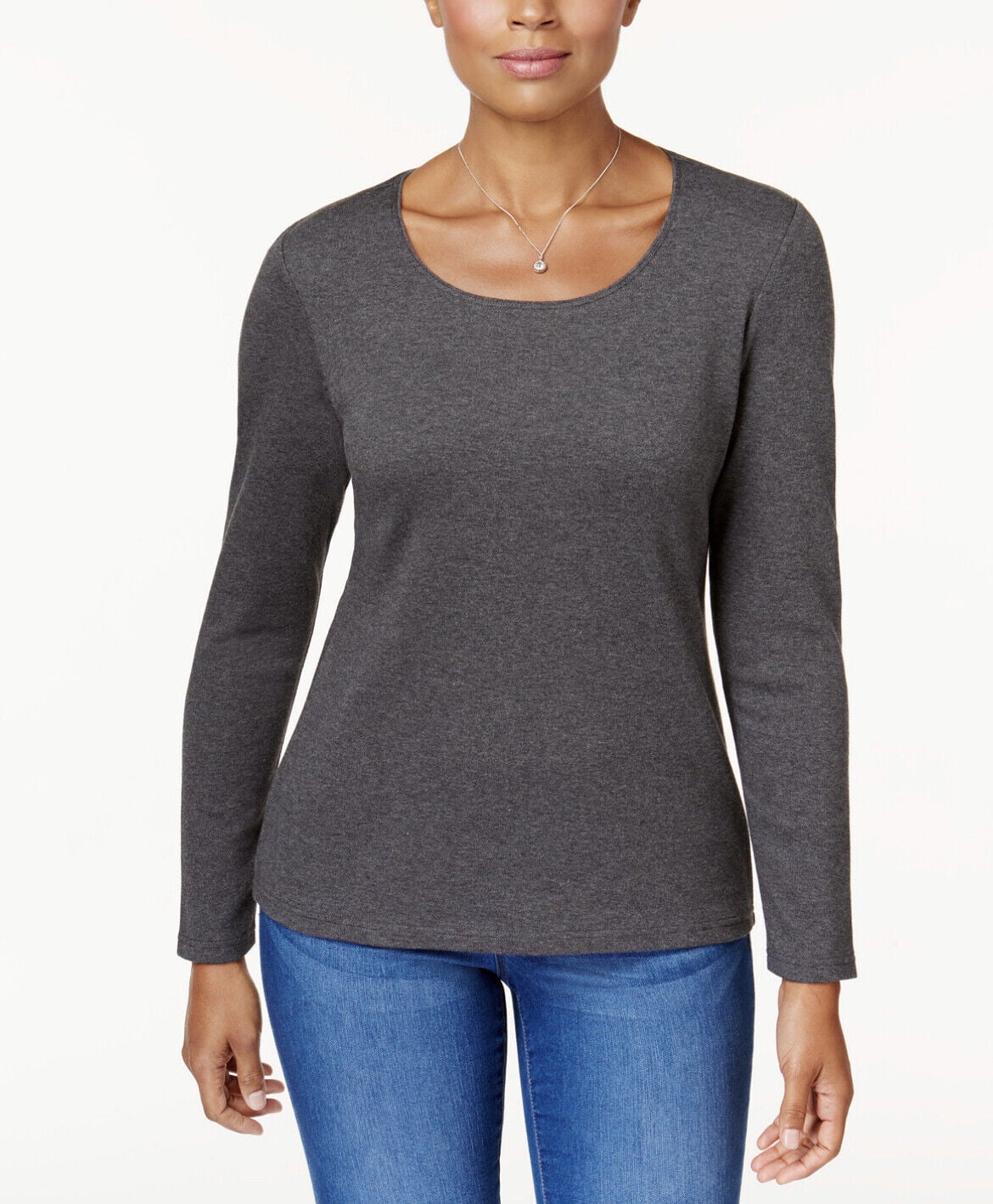 Karen Scott Women's Long Sleeve Cotton Scoop-Neckline Top Charcoal ...