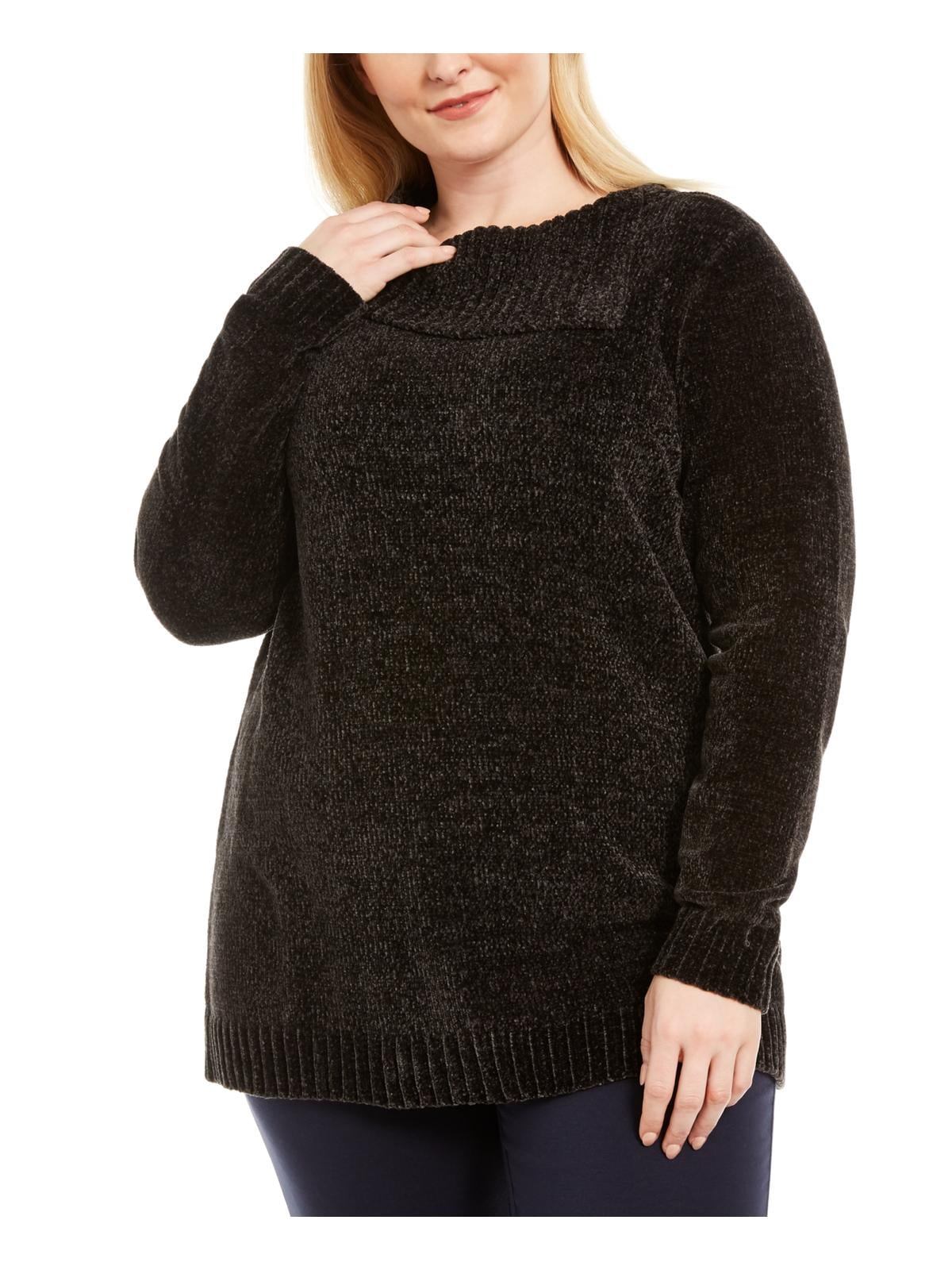 Karen Scott Women's Plus Size Chenille Split Neck Pullover Black Size ...