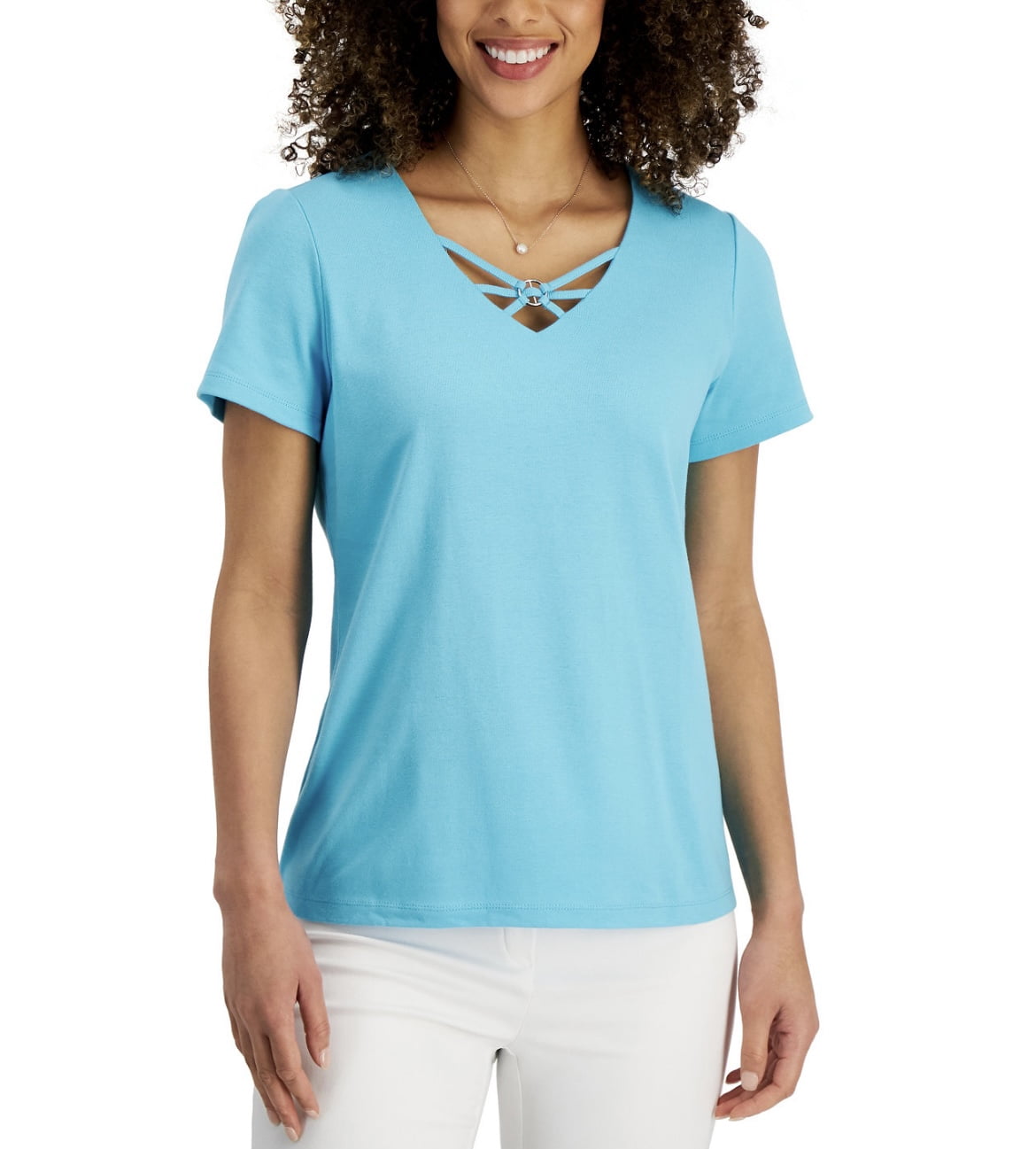 Karen Scott Womens Cotton Crisscross V Neck Top Aqua Oasis S - Walmart.com