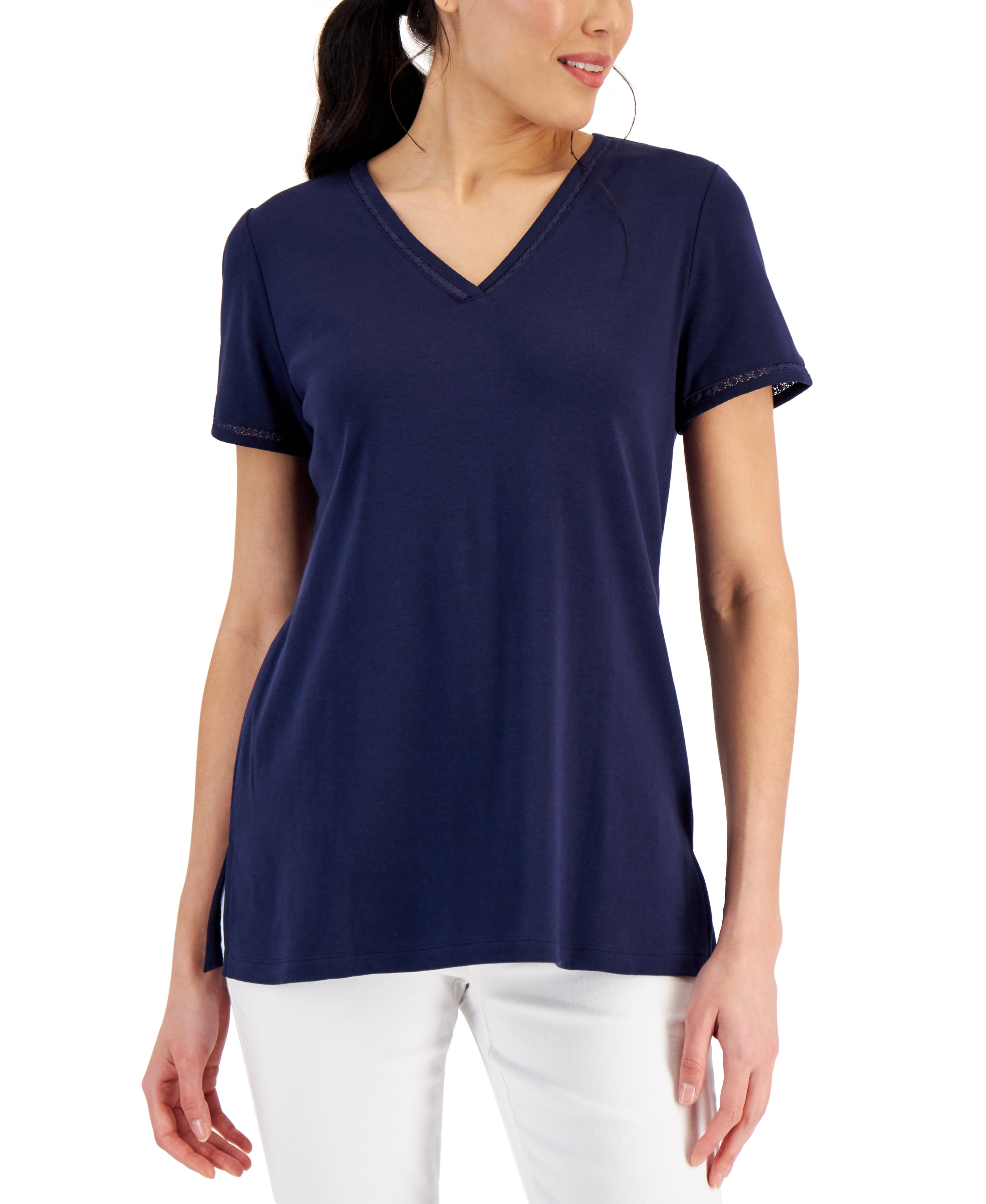 Karen Scott Womens Cotton Lace Trimmed Top Intrepid Blue XS - Walmart.com