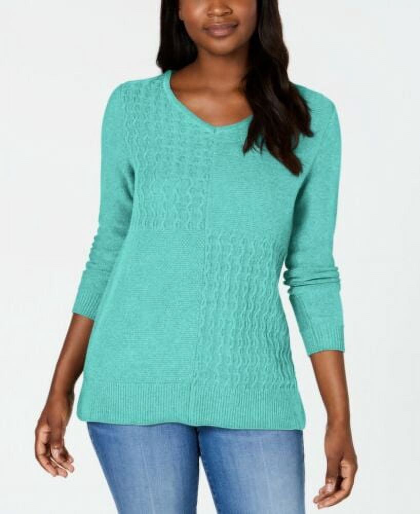 Karen Scott Women's Cotton Mixed-Stitch Sweater (S, Teal Aqua Heather ...