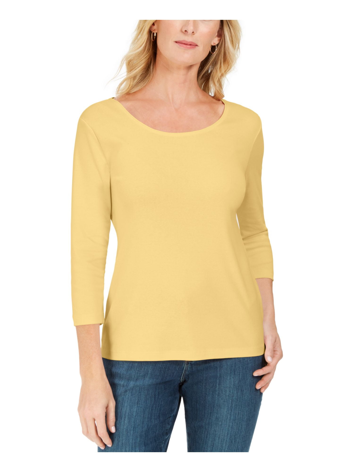 Karen Scott Womens Cotton Three Quarter Sleeves Top,Citron Aura,X-Small ...