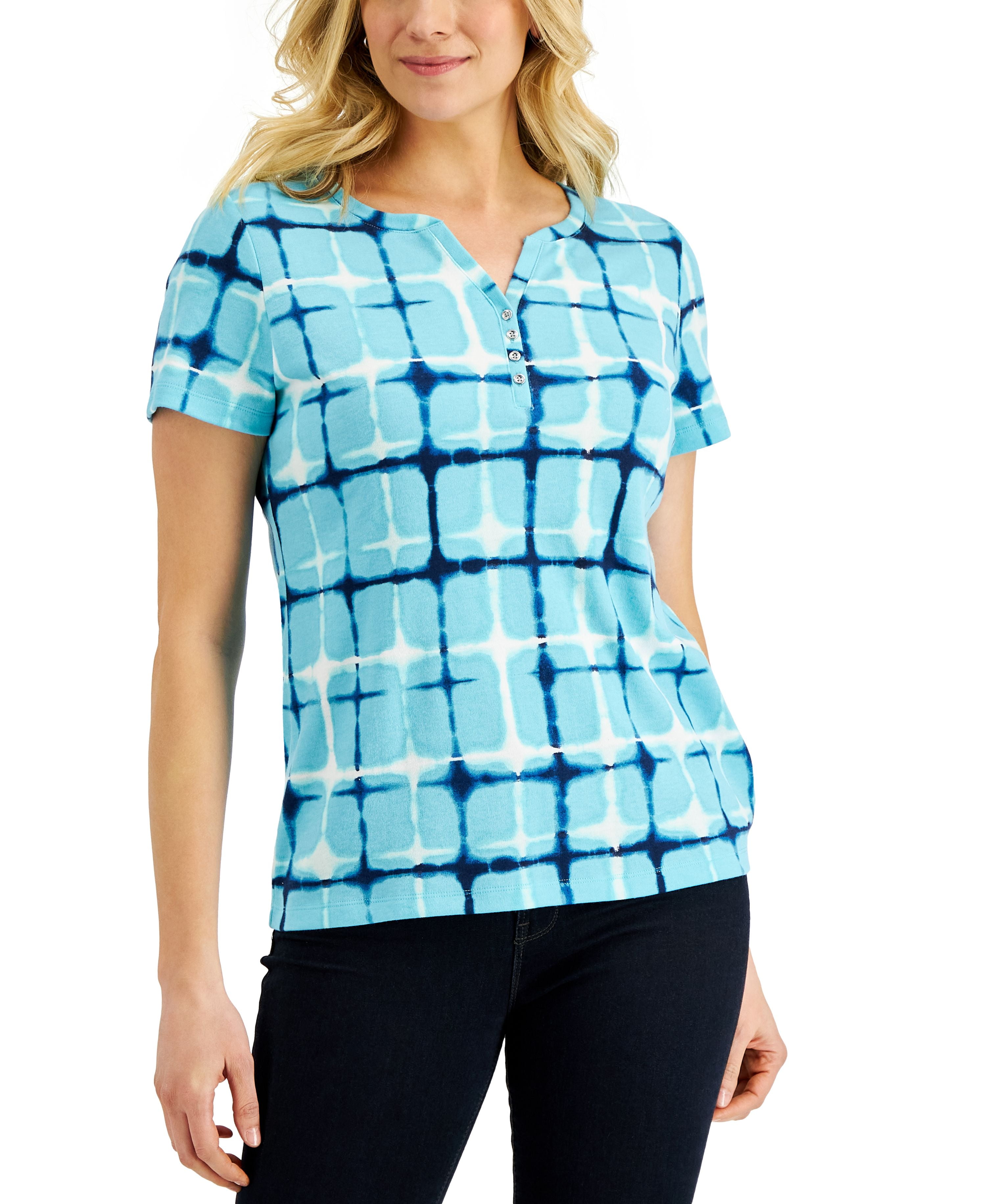 Karen Scott Womens Firecracker Printed Henley Top Aqua Oasis XL ...