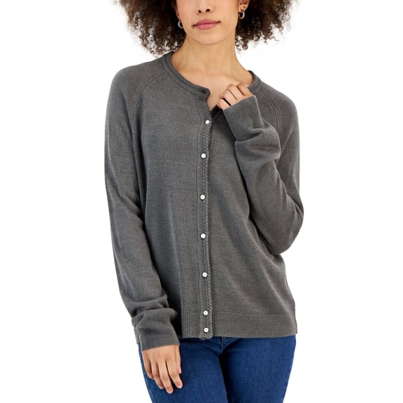 Karen Scott Womens Pearlized Button Crewneck Cardigan Charcoal Heather ...