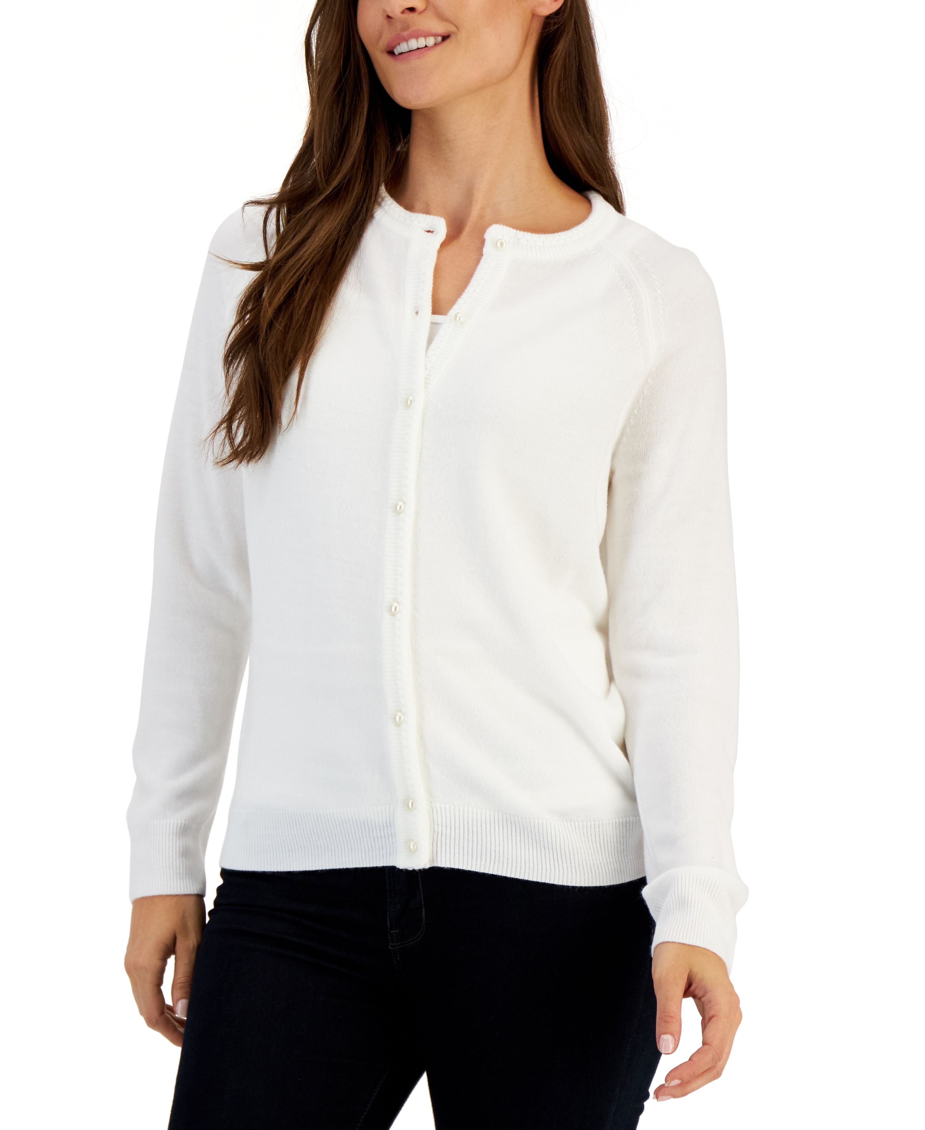 Karen Scott Womens Pearlized Button Crewneck Cardigan Luxsoft White S ...