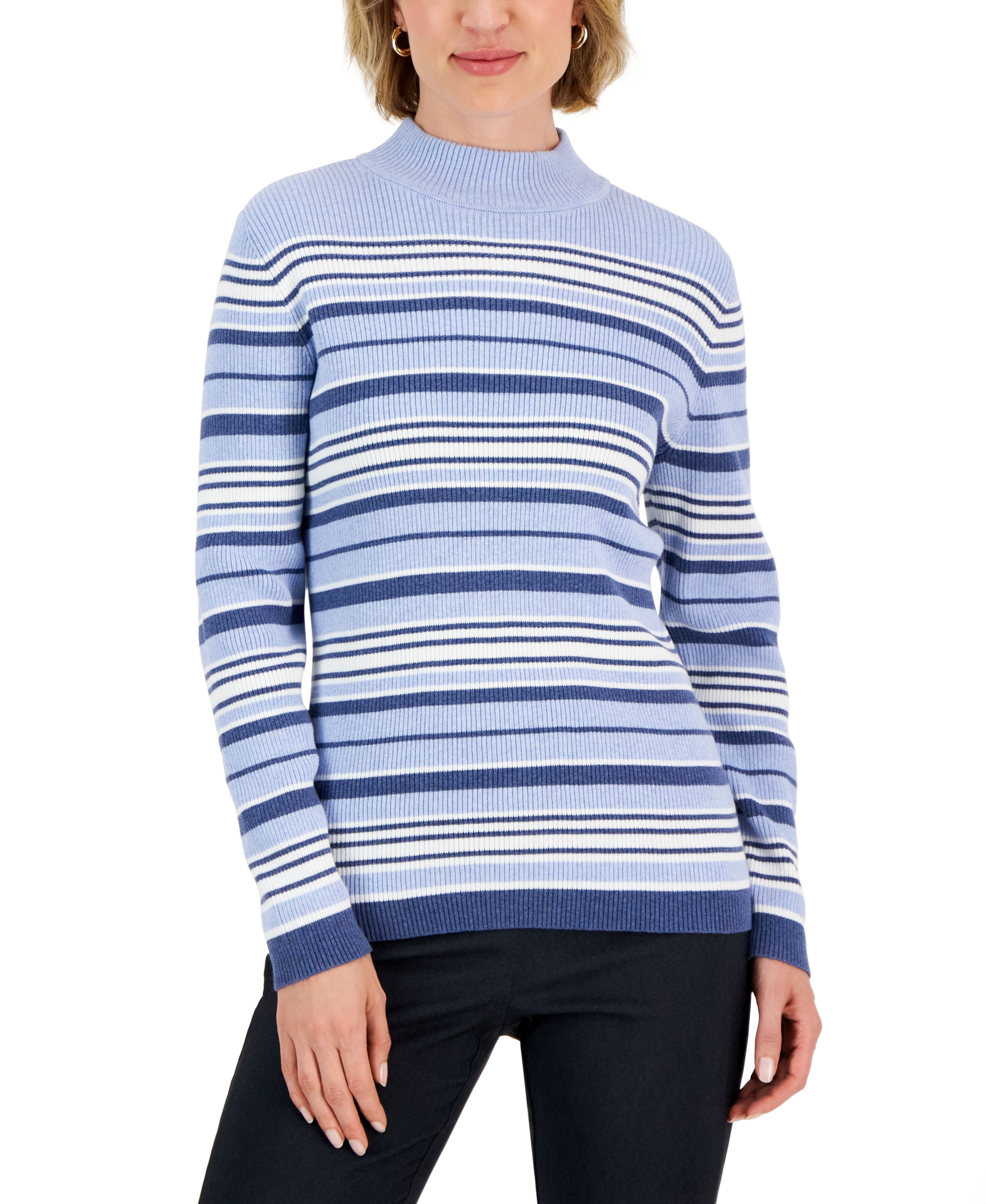 Karen Scott Womens Striped Cotton Mock Neck Sweater Light Blue Heather ...