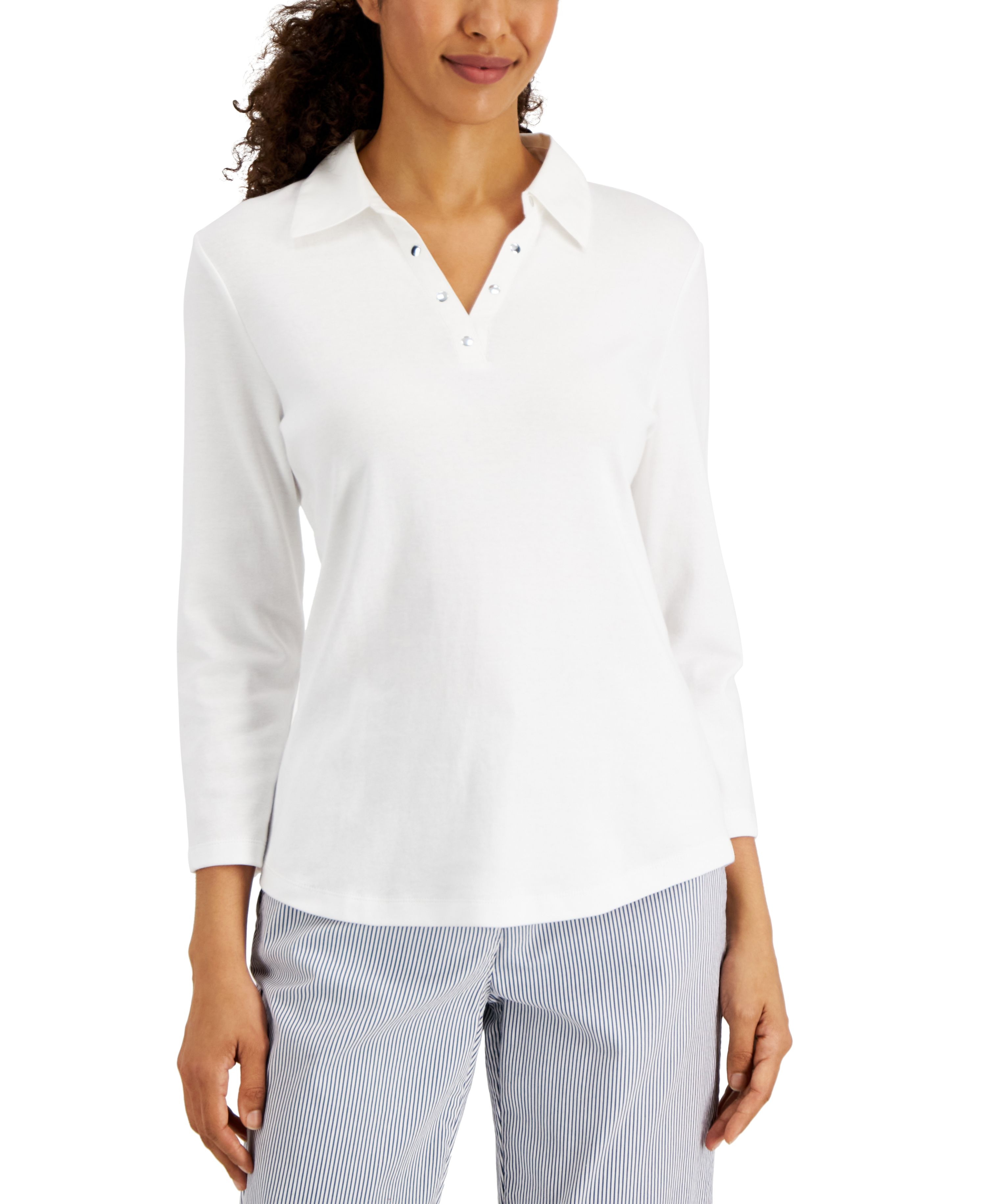 Karen Scott Womens Studded Johnny Collar Top Bright White M - Walmart.com