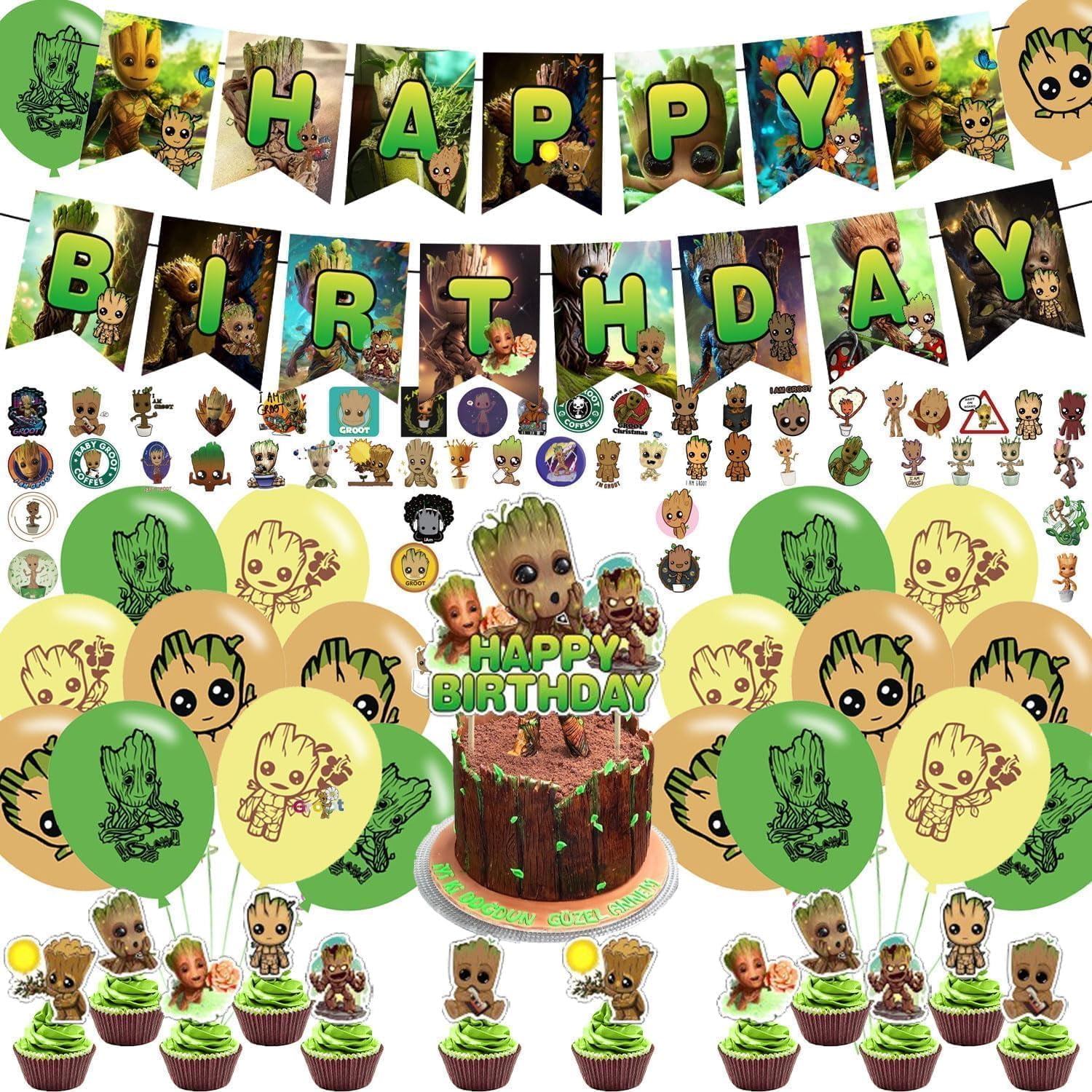 Karg Groot Cartoon Birthday Decorations with Banner, KMC2Balloons, Cake ...