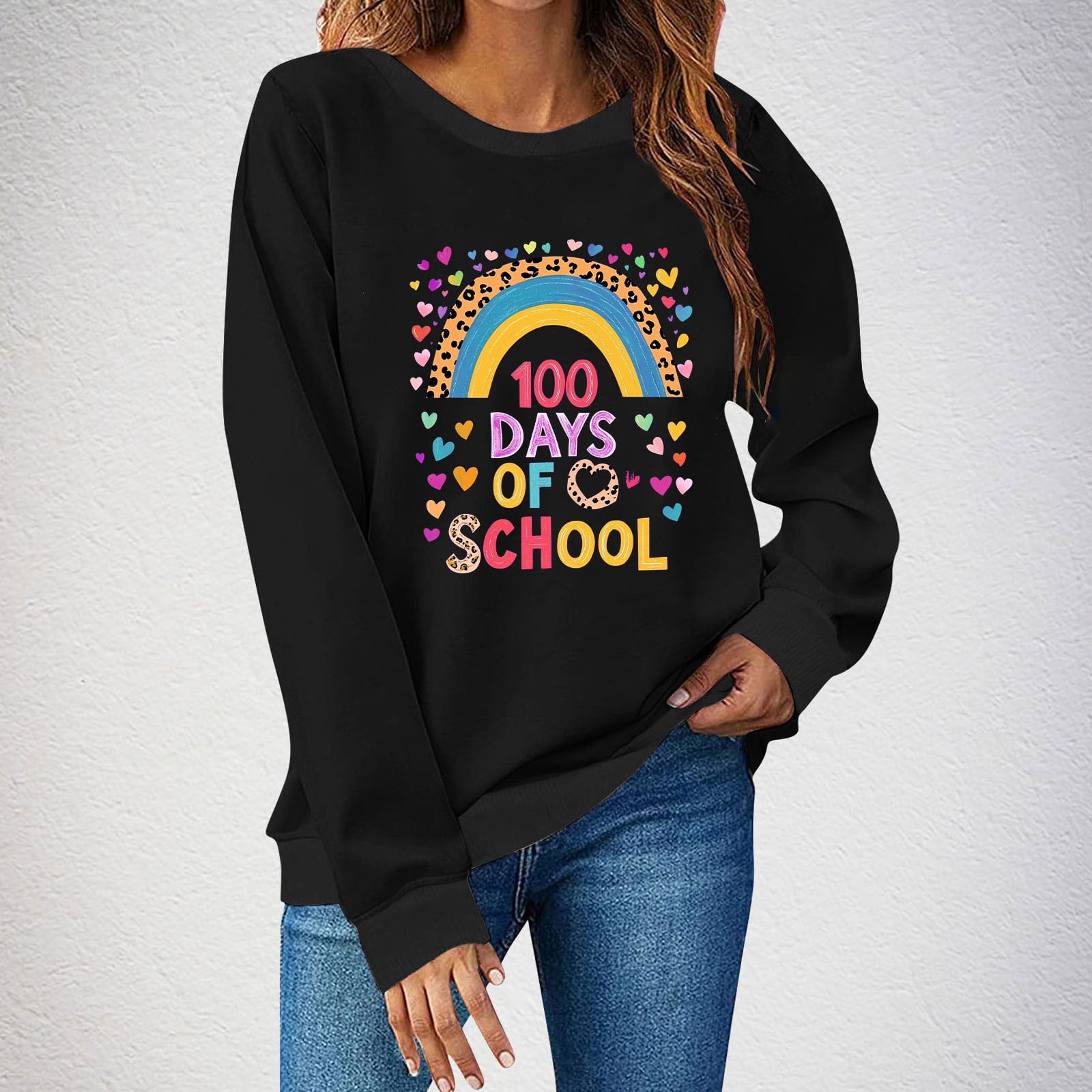 Karight 100 Days of School Sweatshirts Women Rainbow Hearts Graphic ...