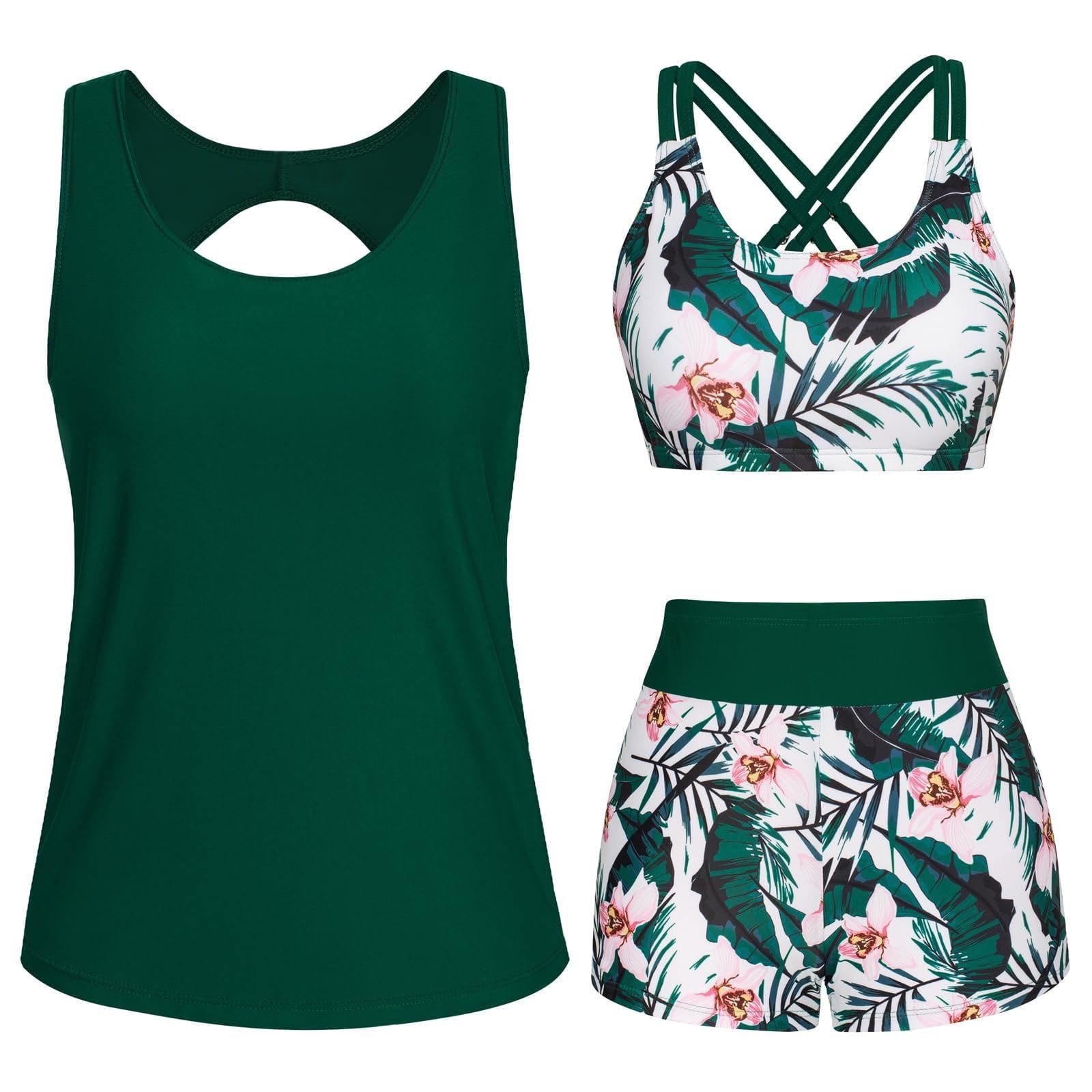 Karight 3 Piece Tankini Swimsuits for Women Tummy Control Plus Size ...