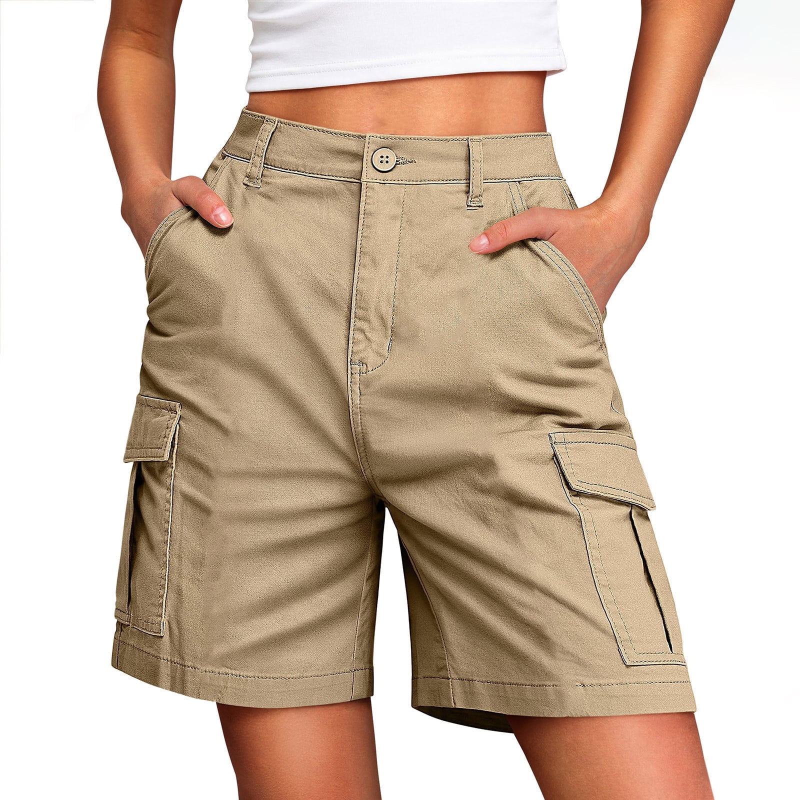 Karight Bermuda Cargo Shorts Women, Elastic High Waist 6 Pockets Shorts ...