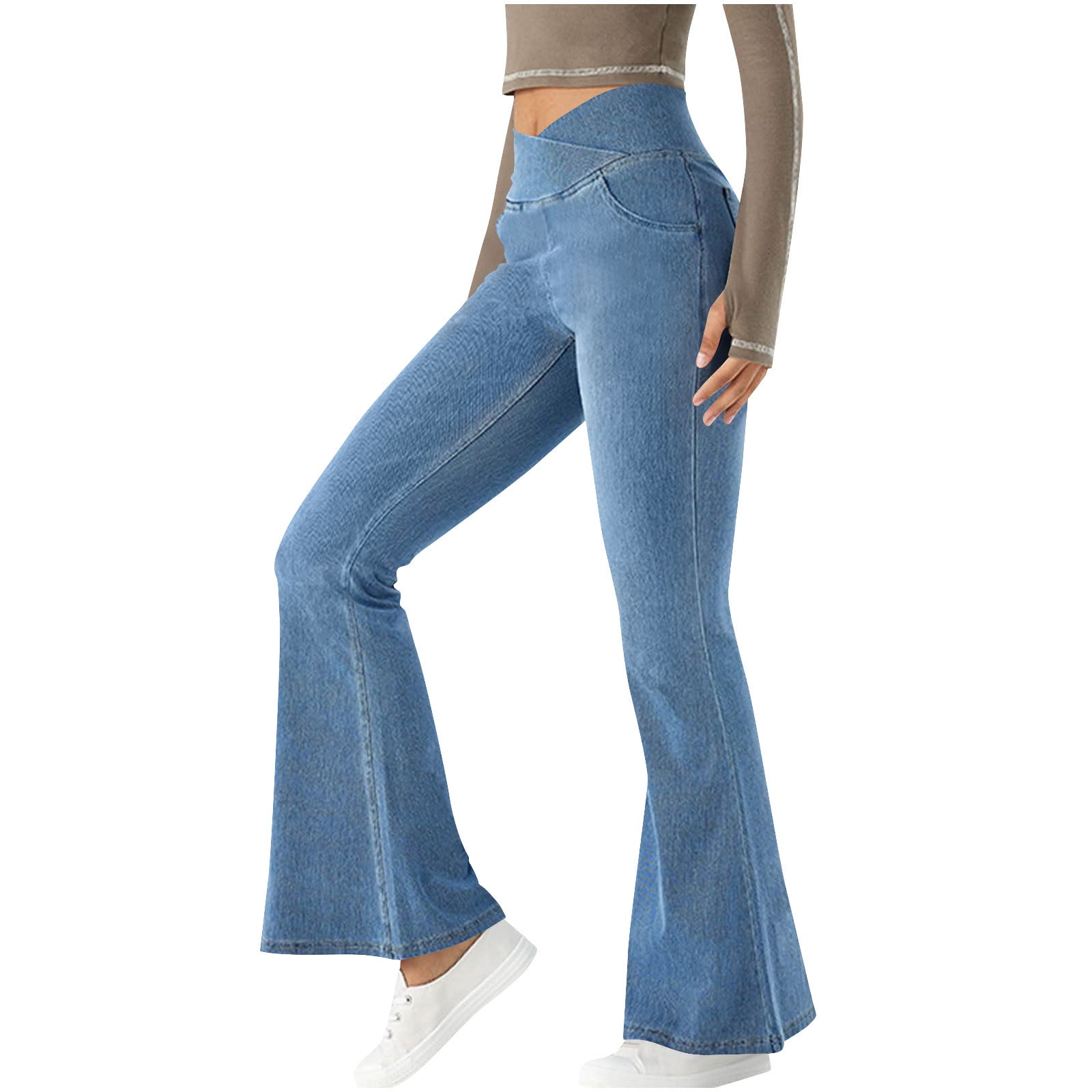 Karight Flare Jeans for Women Crossover High Waisted Bell Bottom Jeans ...