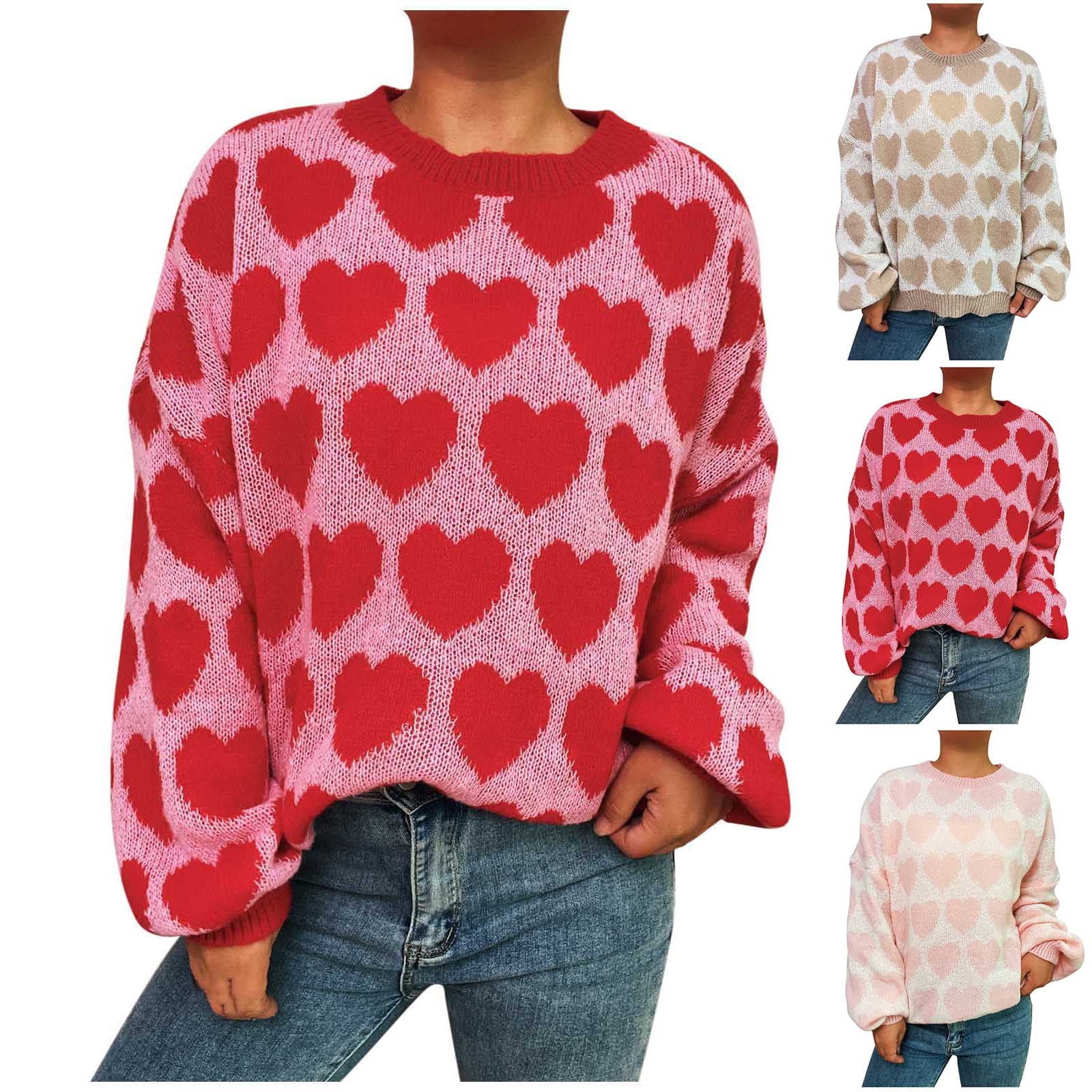 Karight Women Oversized Valentines Day Sweater Cute Heart Print Crew ...