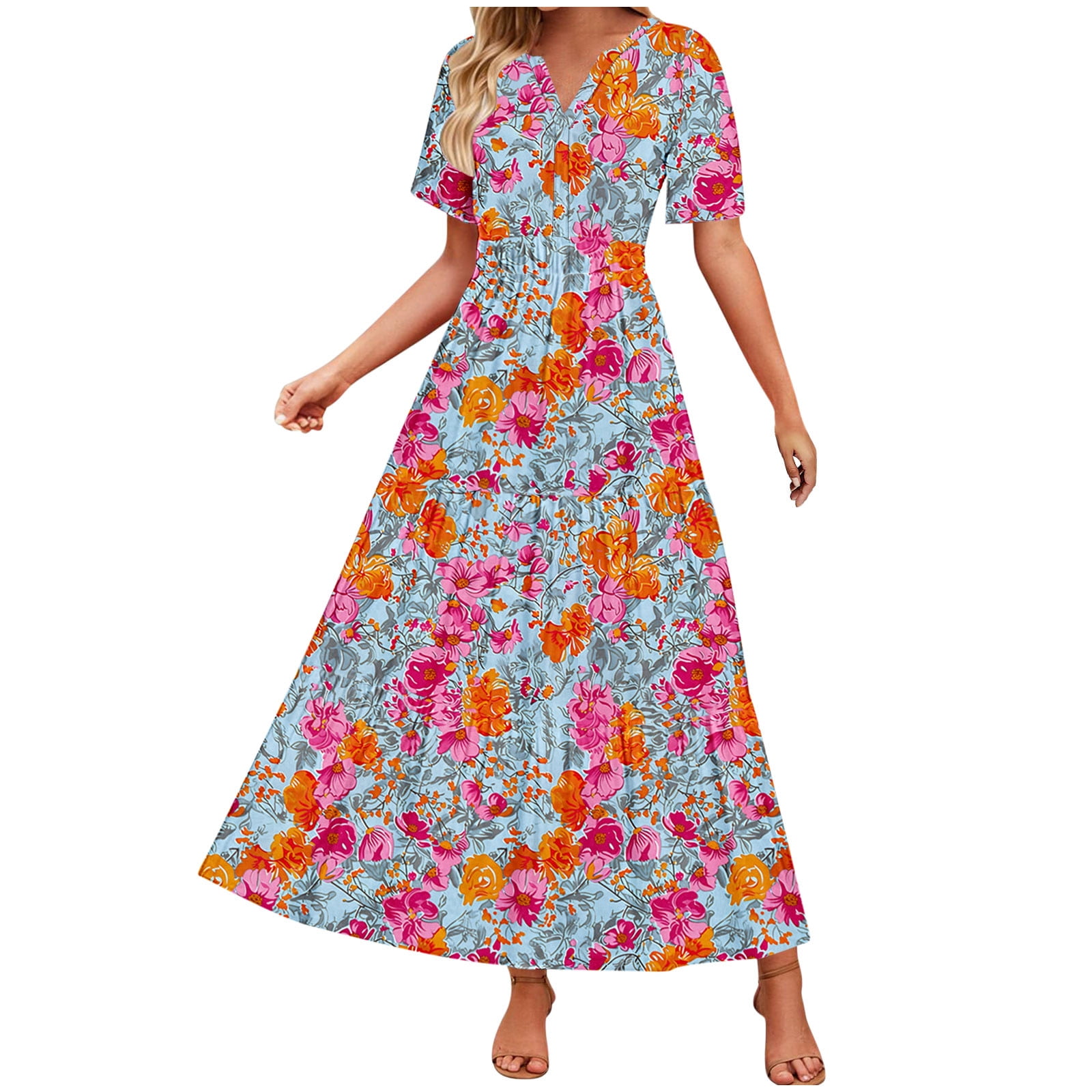 Karight Women's 2025 Summer Maxi Dress Casual Floral Boho Short Sleeve ...