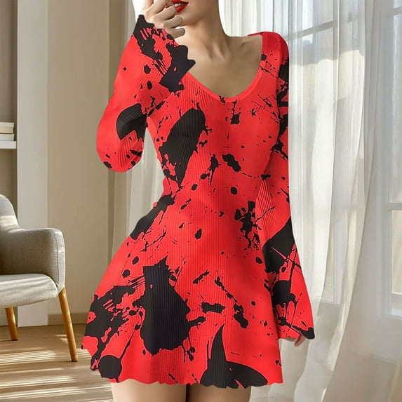 Karight Women‘s’ Fashion Casual V-neck Pleated Non Positioning Printing Long Sleeved Elasticity ...