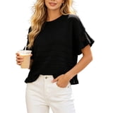 Karight Womens Round Neck Short Ruffle Sleeve Knit Sweater Casual Loose ...