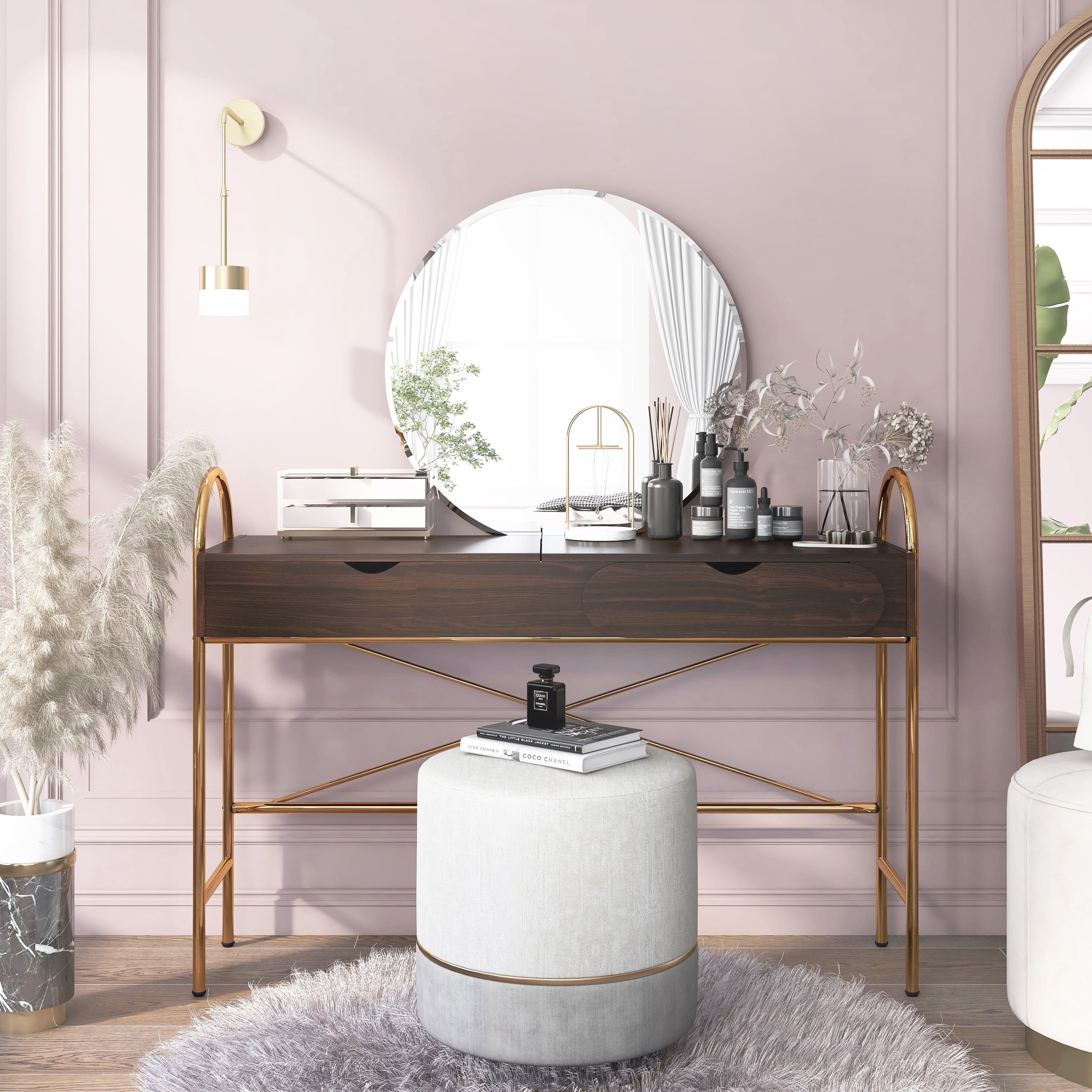 Karilla 1-Drawer Wood Vanity Table with Lift-Top Mirror, Walnut ...