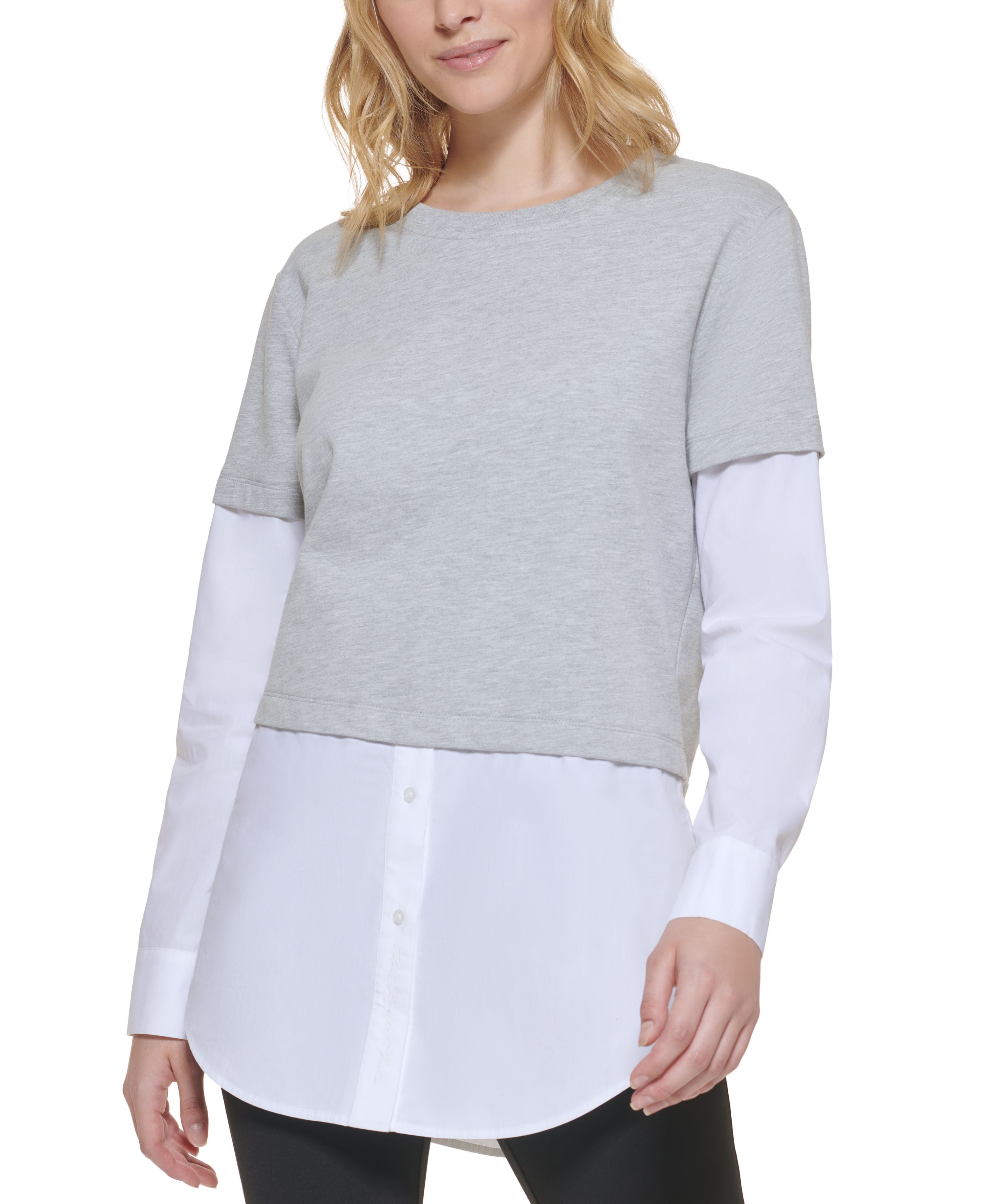 Karl Lagerfeld Paris Layered Look Top Light Heather Grey/White M ...