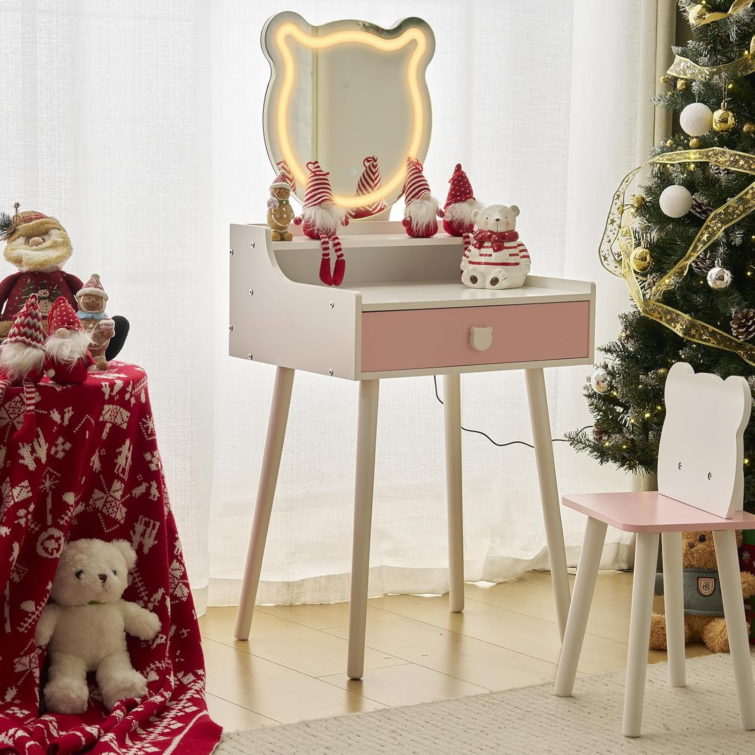 Karl home 2 in 1 Kids Vanity Set with Lighted Mirror, Bear-Shaped ...
