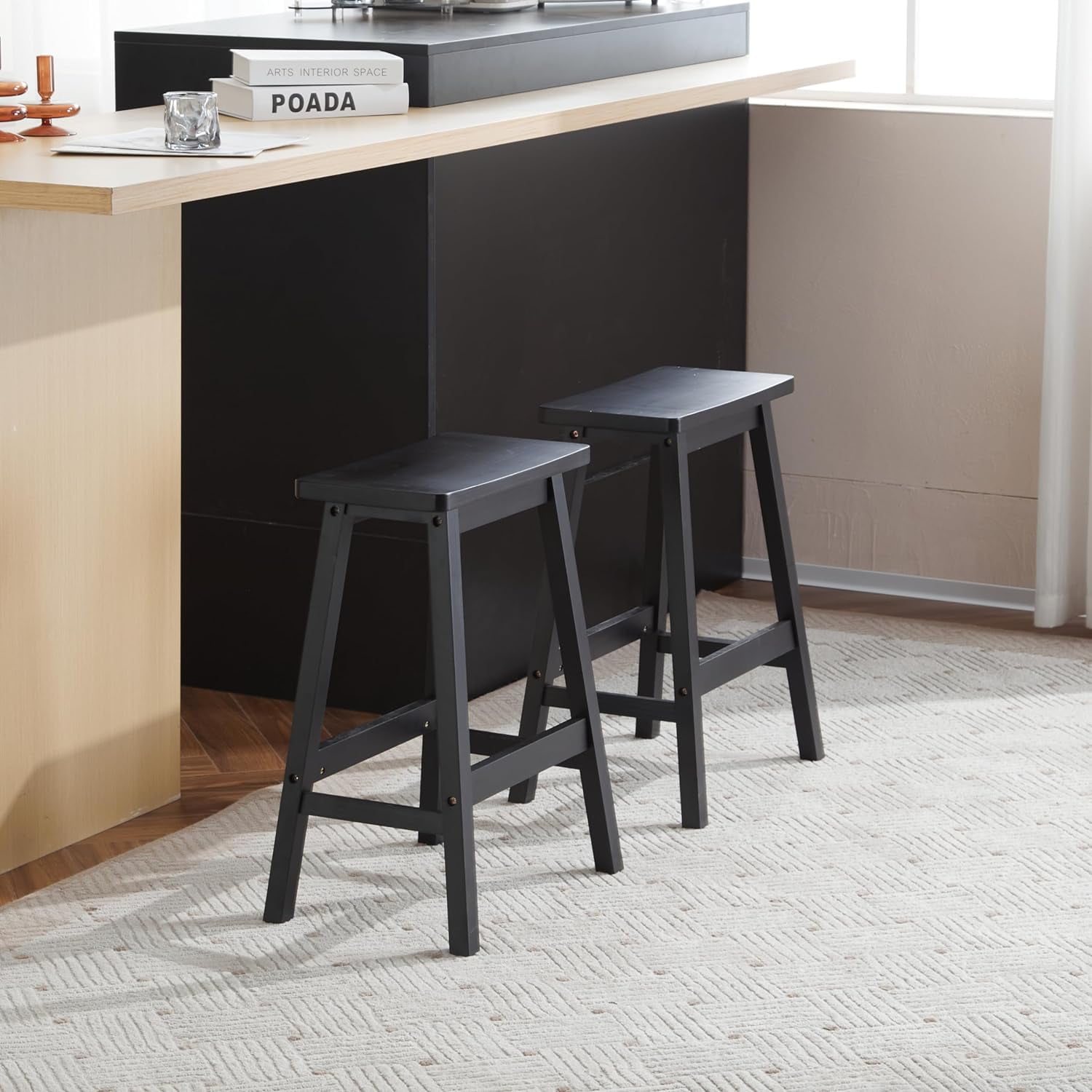 Karl home Black Wood Bar Stool Set of 2 with Footrest, 24" Counter Height Black Bar Stools for ...