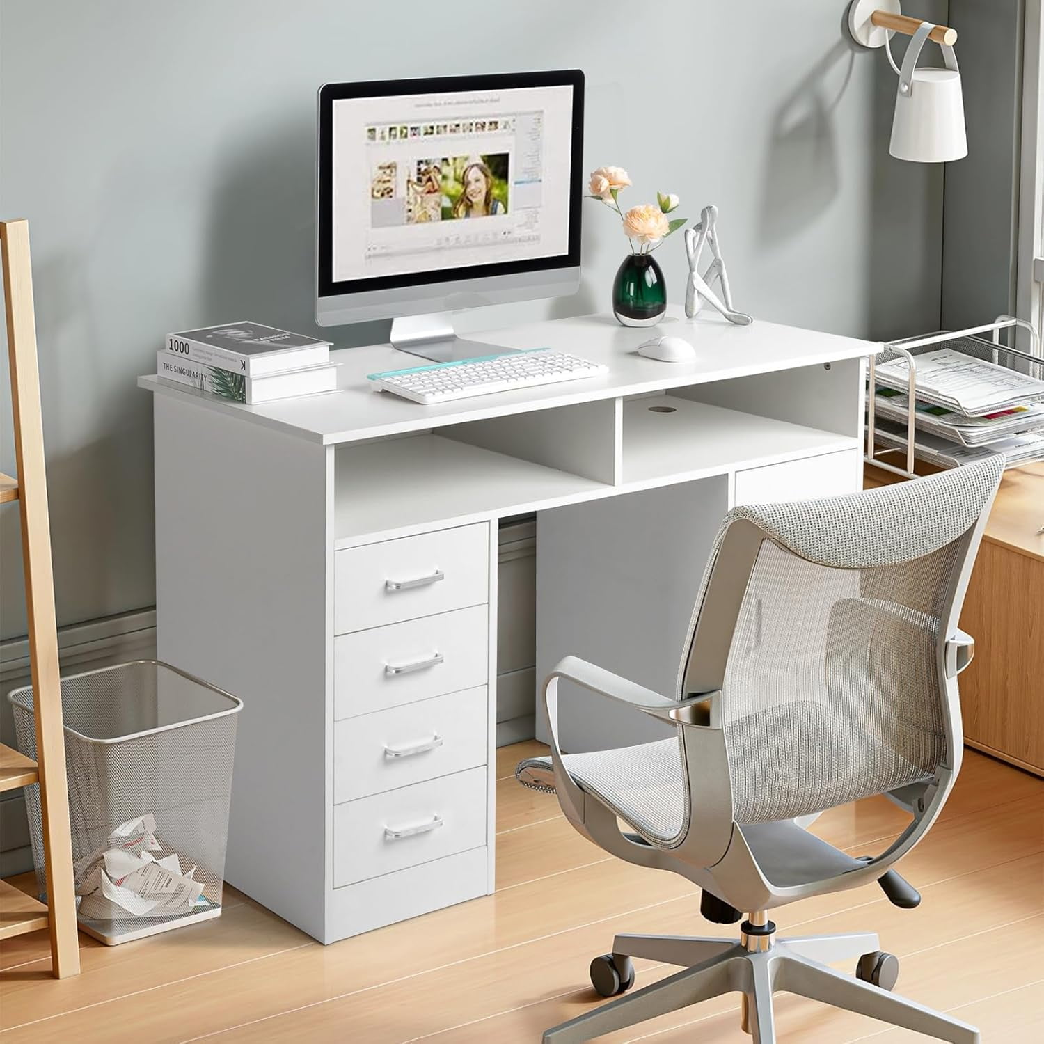 Karl home MDF Computer Desk with 4 Drawers and A Storage Cabinet, White ...
