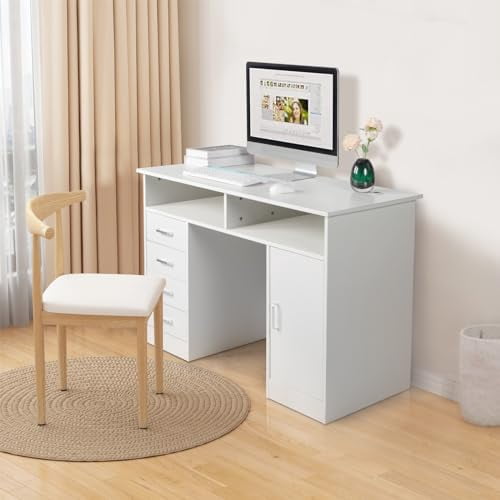 Karl home MDF Computer Desk with 4 Drawers and A Storage Cabinet, White ...