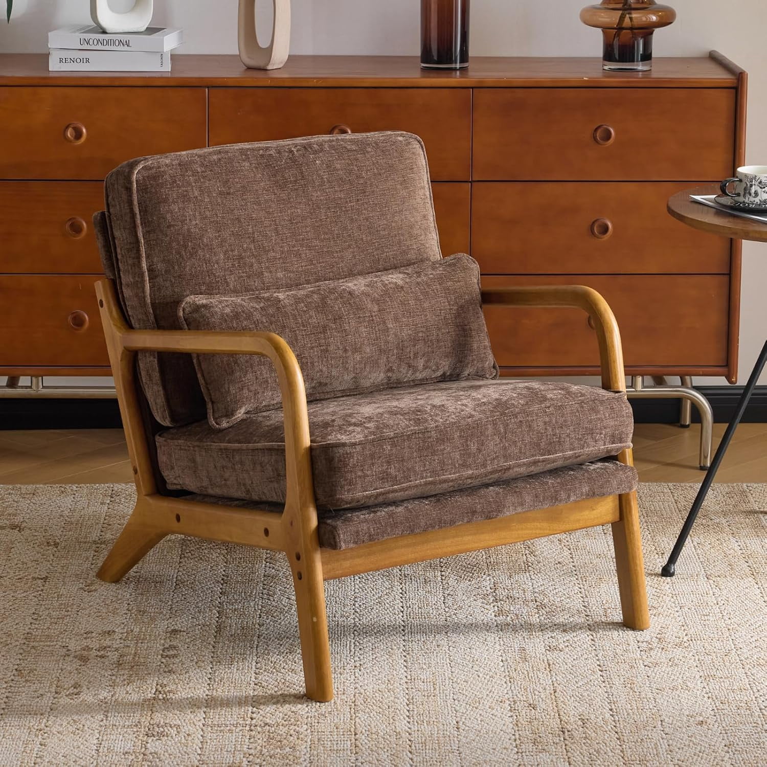 Karl home Mid Century Modern Accent Chair with Lumbar Pillow & Oak Arms ...