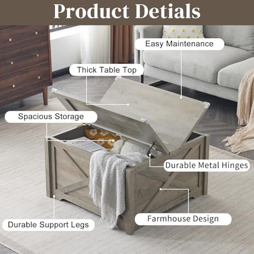 Karl home Square Coffee Table with Storage, Farmhouse Rustic Gray ...