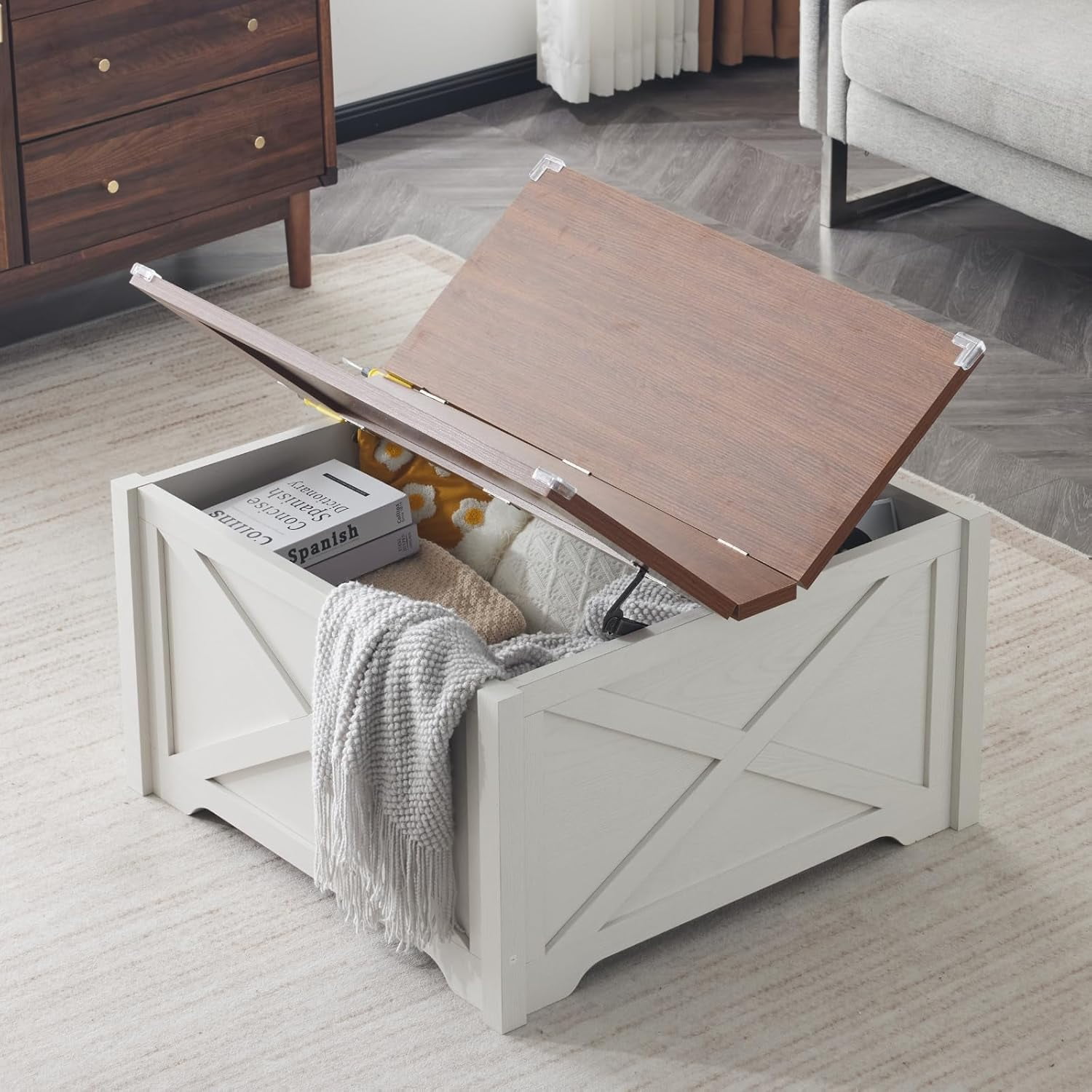 Karl home Square Coffee Table with Storage, Farmhouse Rustic White ...