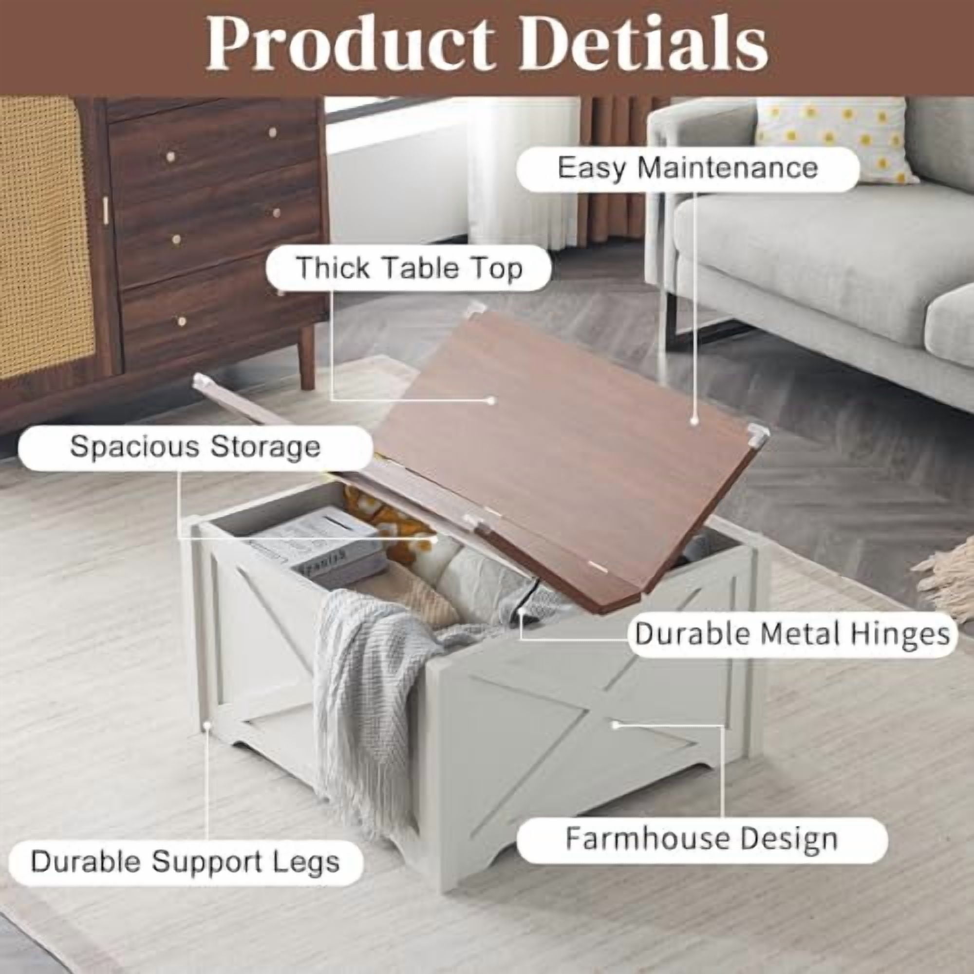 Karl home Square Coffee Table with Storage, Farmhouse Rustic White ...