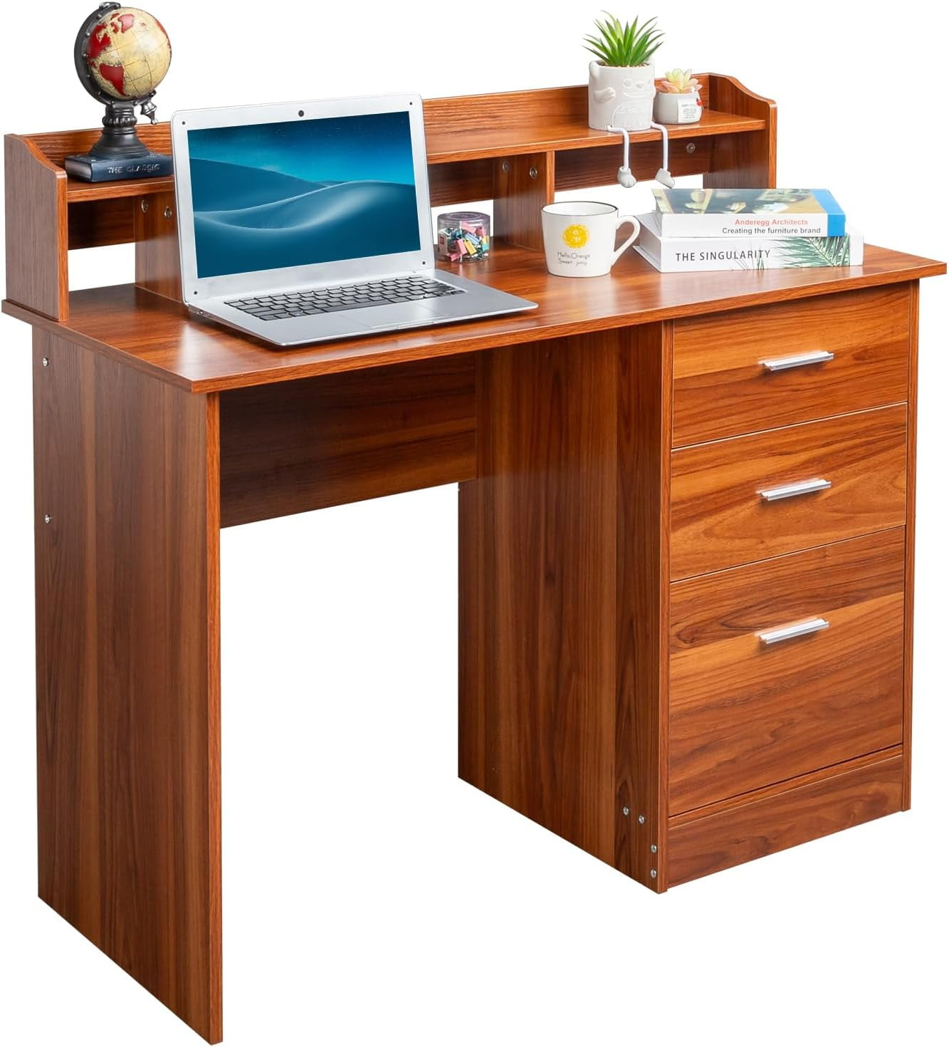 Karl home Walnut Computer Desk with Drawers ＆ Hutch, Modern Home Office ...