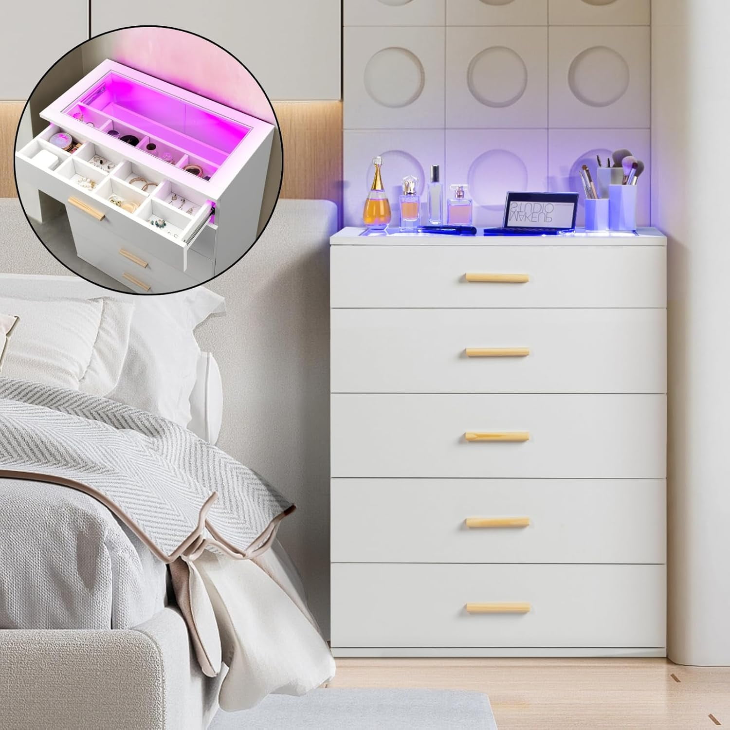 Karl home White Bedroom Nightstand for Girls, 5 Drawer Nightstand with ...