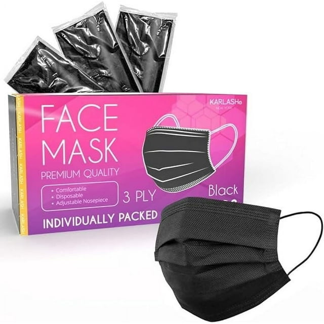 Karlash Black Mask 3-Ply Disposable Face Mask Individually Wrapped with ...