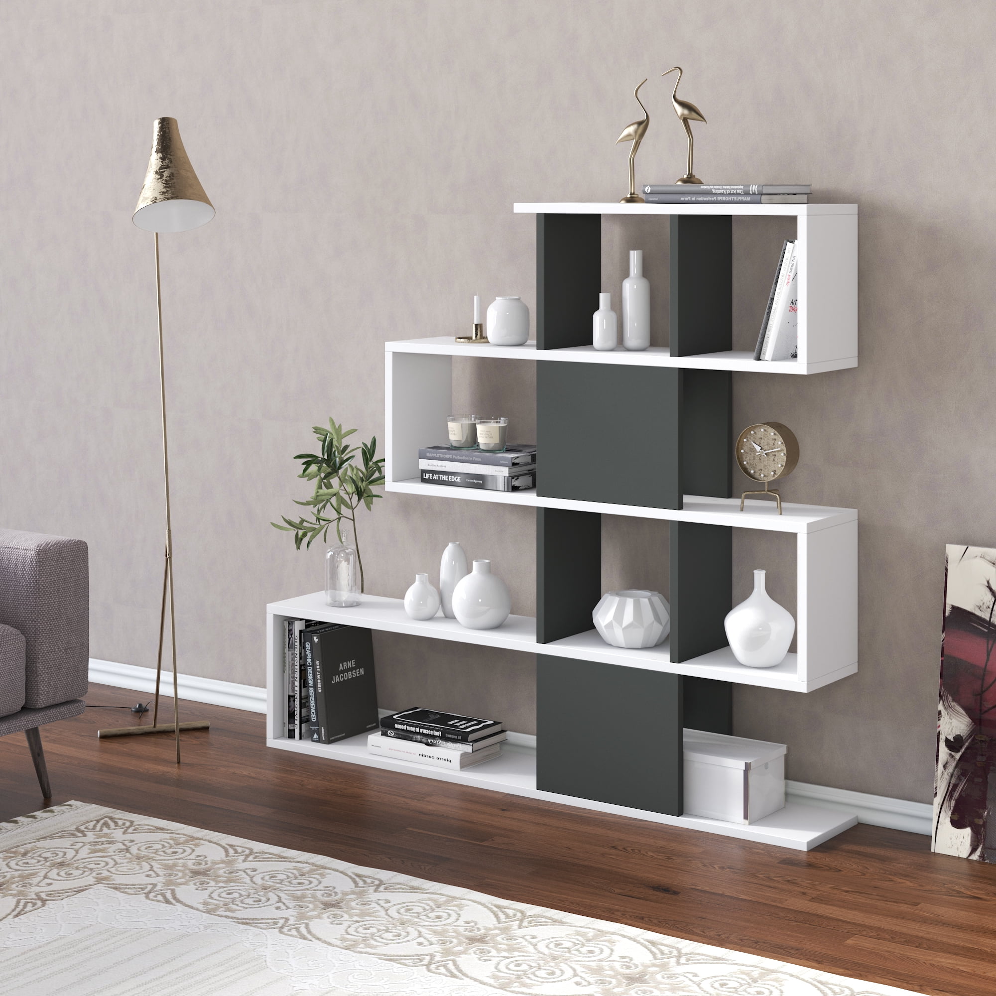 Karlin Modern Bookcase with Shelves, Gray Veneer - Walmart.com