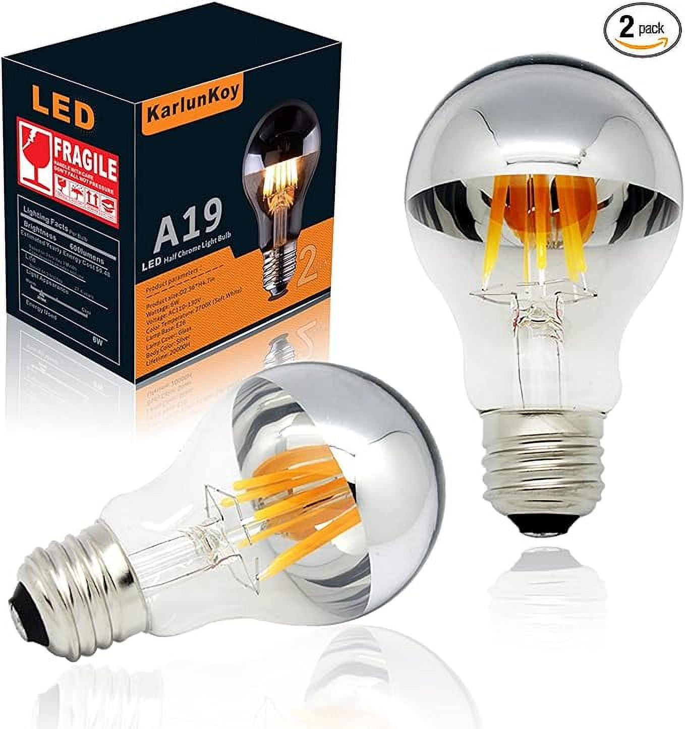 KarlunKoy Half Chrome Light Bulb Dimmable 6W (60W Equivalent) A19 A ...