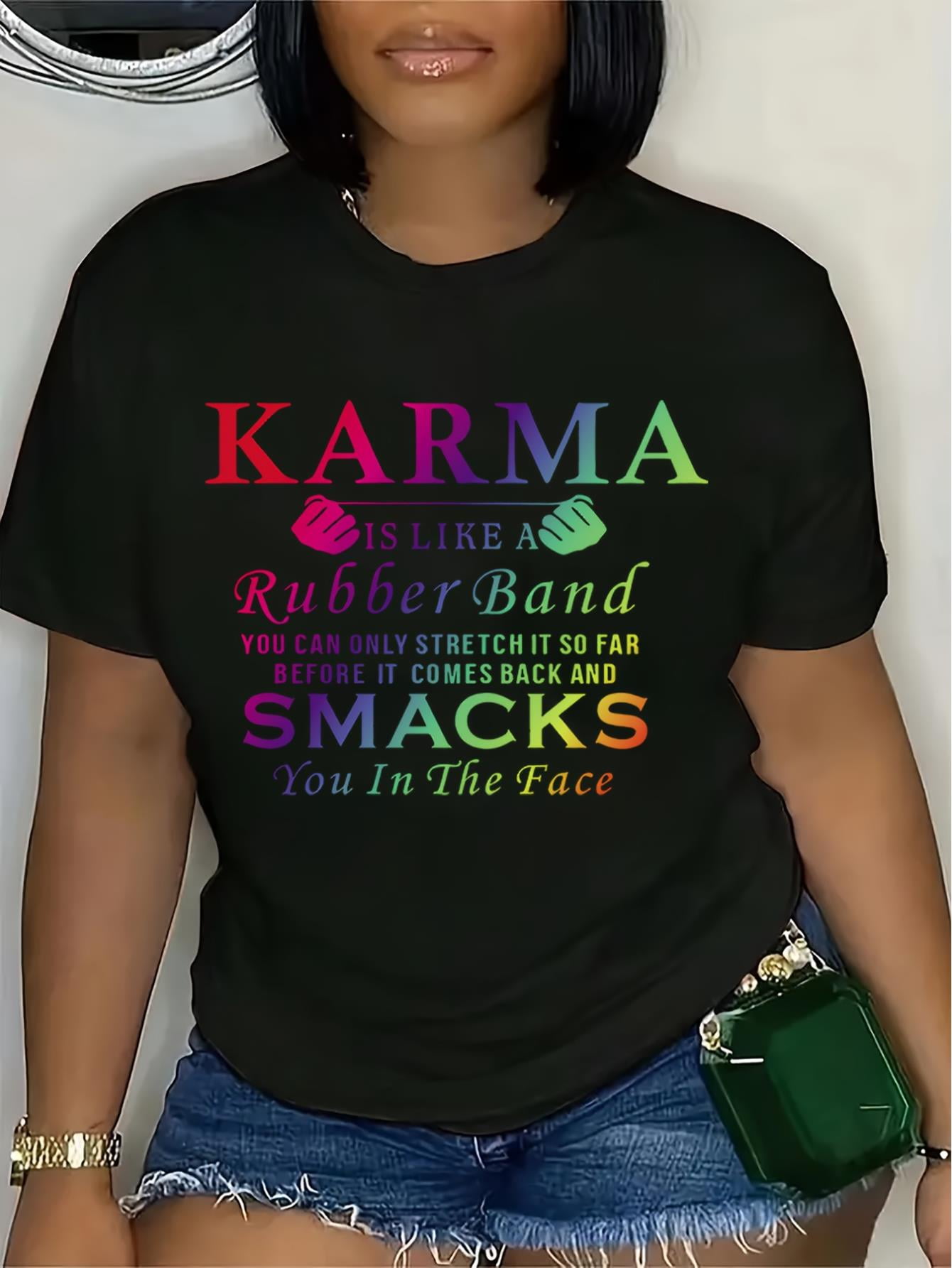 Karma Graphic Print T-Shirt, Casual Crew Neck Short Sleeve Tee, Regular ...