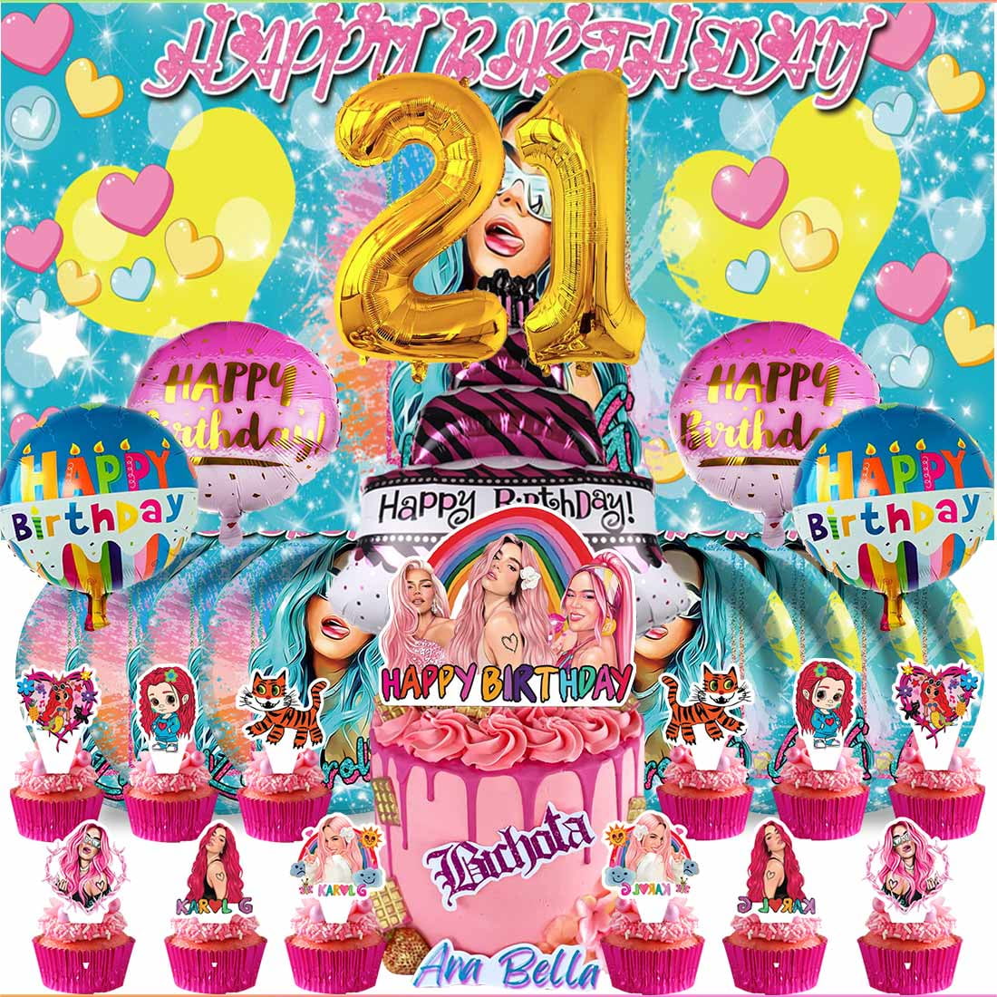 Karol G 21th Tableware Balloons Cake Toppers Backdrop Banner Supplies ...