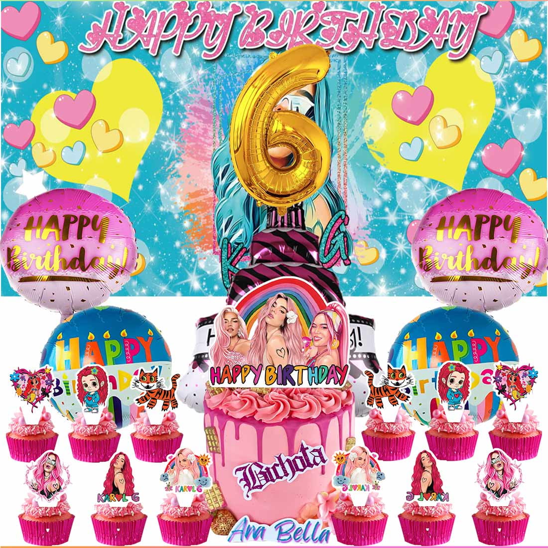 Karol G Party Supplies Decor 6th Kit Balloons Birthday Cake Topper ...