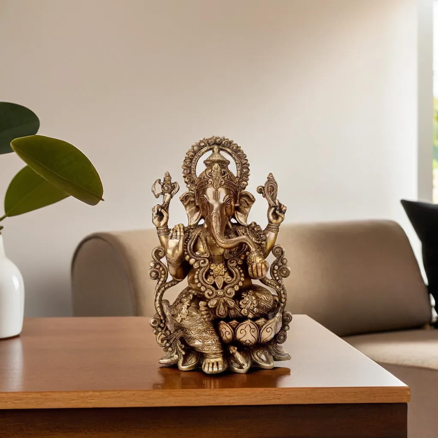 Kartique Brass Mangalkari Ganesha Sitting On Lotus Bhagwan Idol Ganesha Statue Ganpati Murti for ...