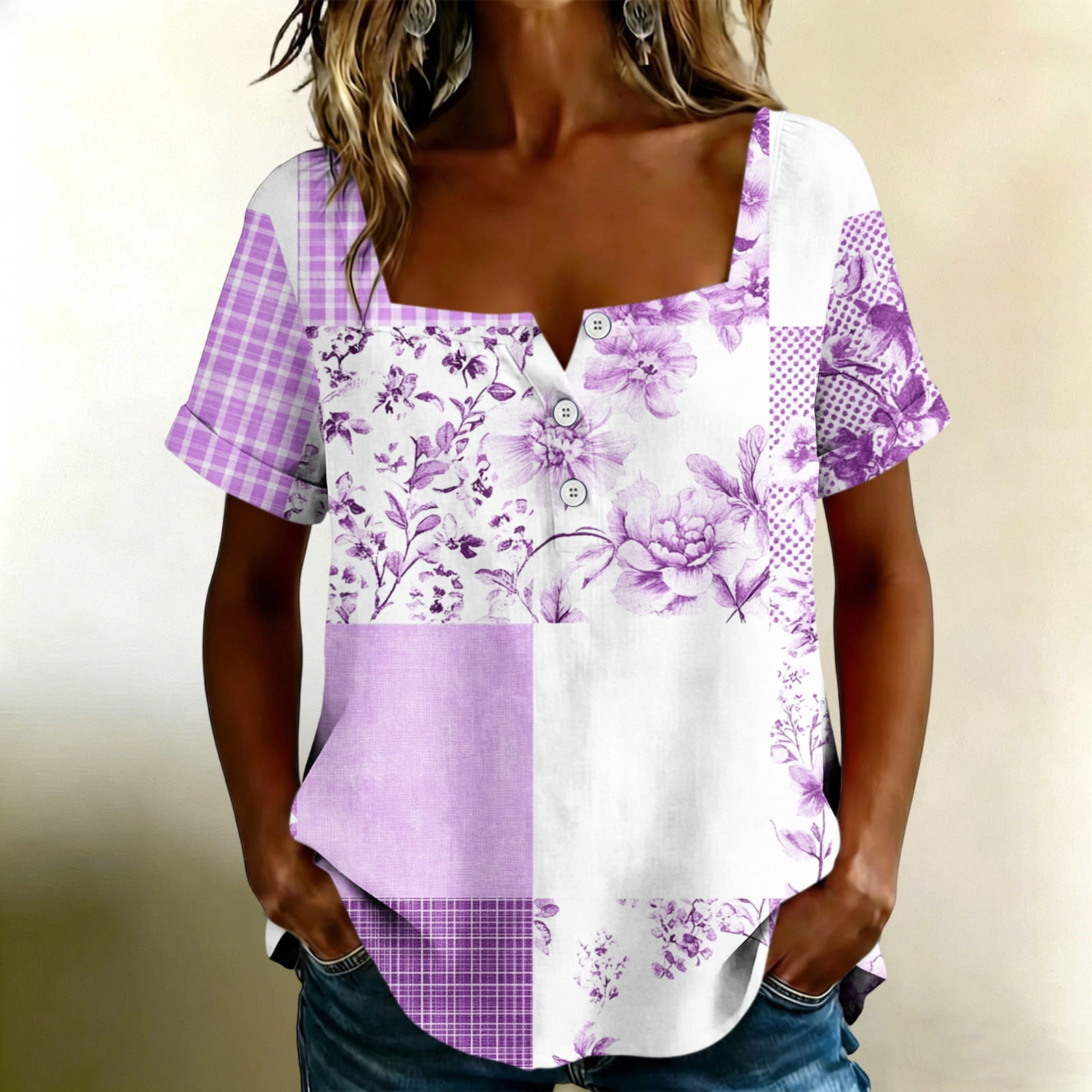 Karymi Cute Tops for Women Color Block Floral Print Square Neck Blouse ...