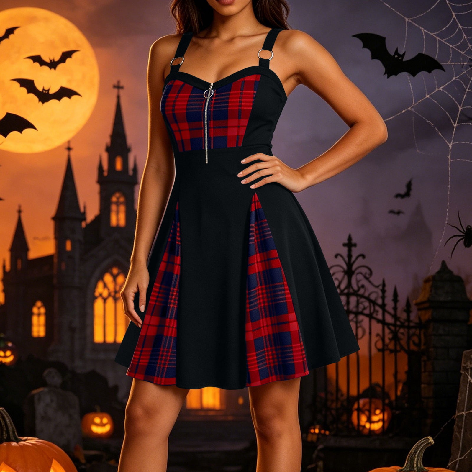 Karymi Gothic Halloween Dresses for Women, Plaid Spliced Spaghetti ...
