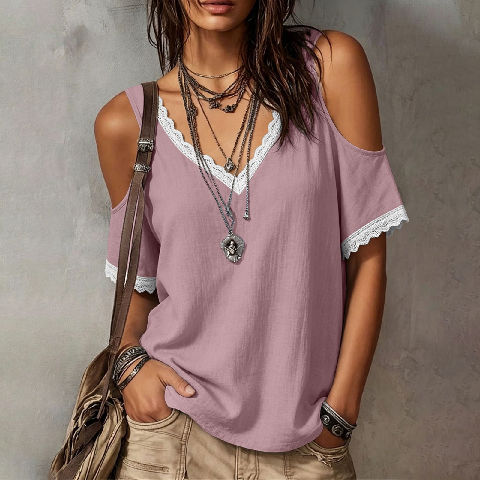 Karymi T Shirts for Women Lace-Trimmed V-Neck Chic Cold Shoulder Cutout ...