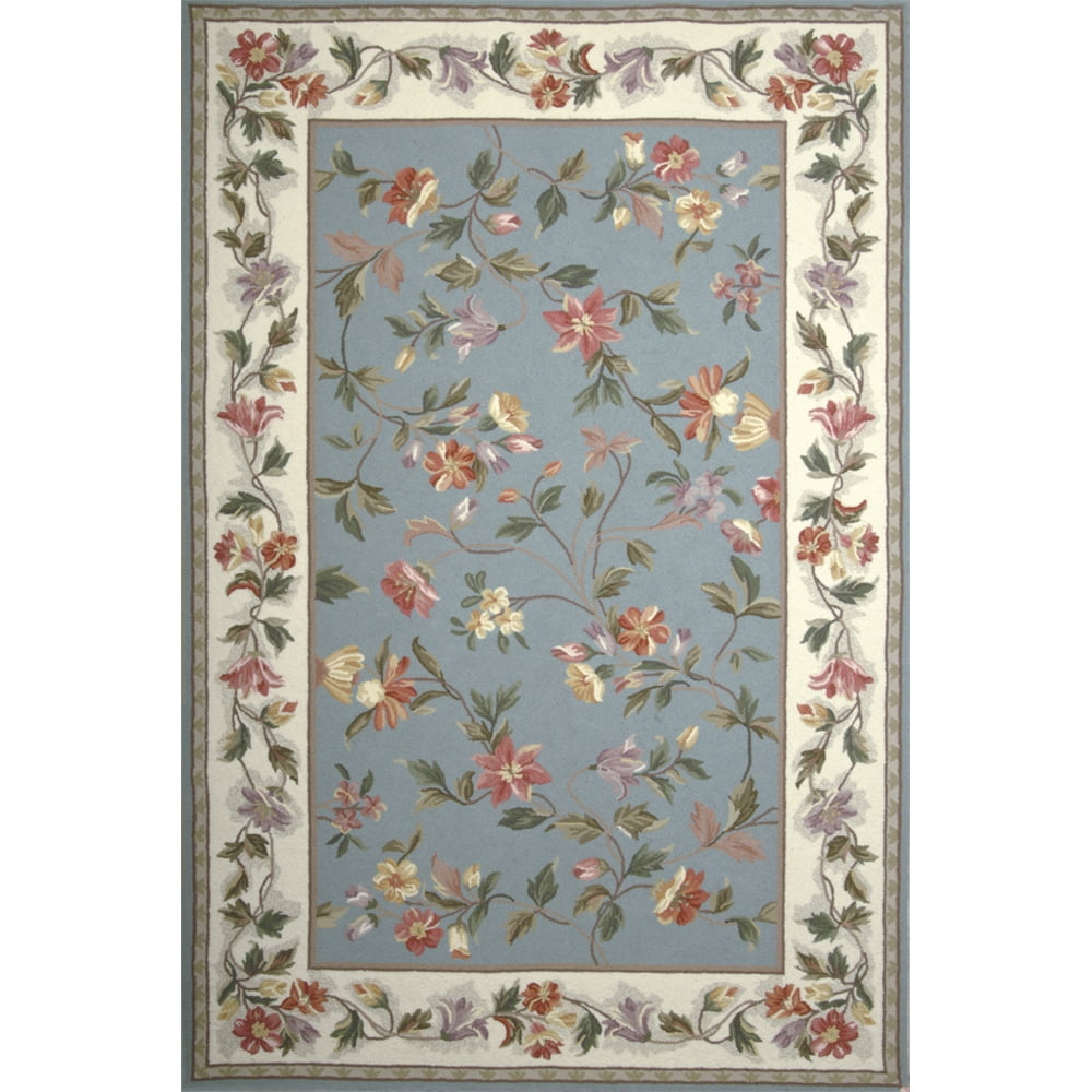 Kas Slate Blue/Ivory Floral Hand-Hooked 100% Wool 20" x 30" - Area Rug ...