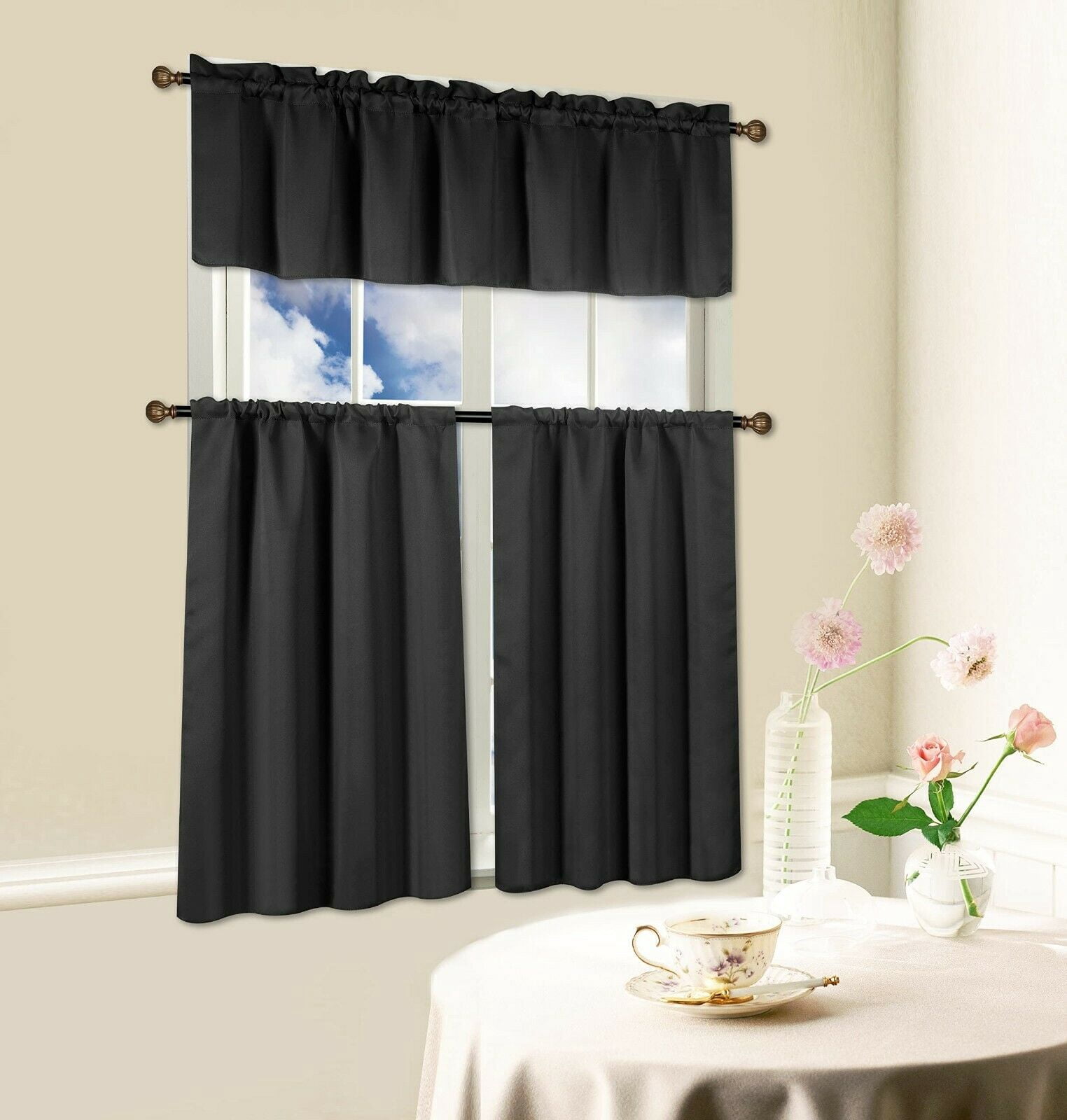 Kashi Home 3 Piece Blackout Kitchen Curtain Set, Solid Color, Thermal ...