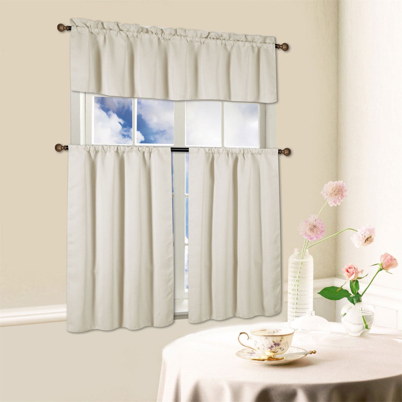 Kashi Home Beth 3-Piece Beige Blackout Kitchen Curtain Set, Energy ...