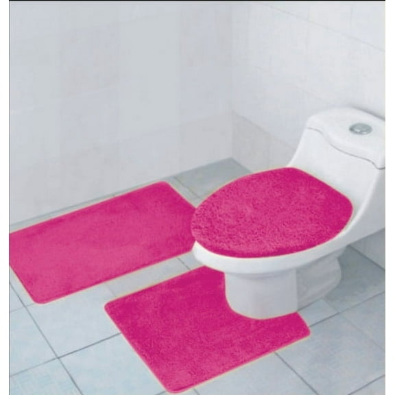 3pc bathroom set rug contour mat toilet lid cover plain solid color ...