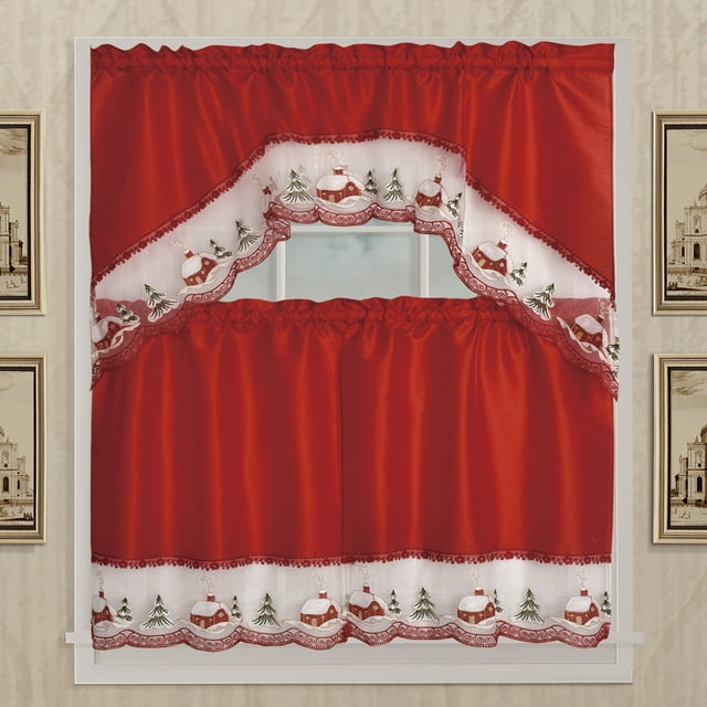Kashi Home Holiday Kitchen Curtain Set, Christmas Cottage Red - Walmart.com