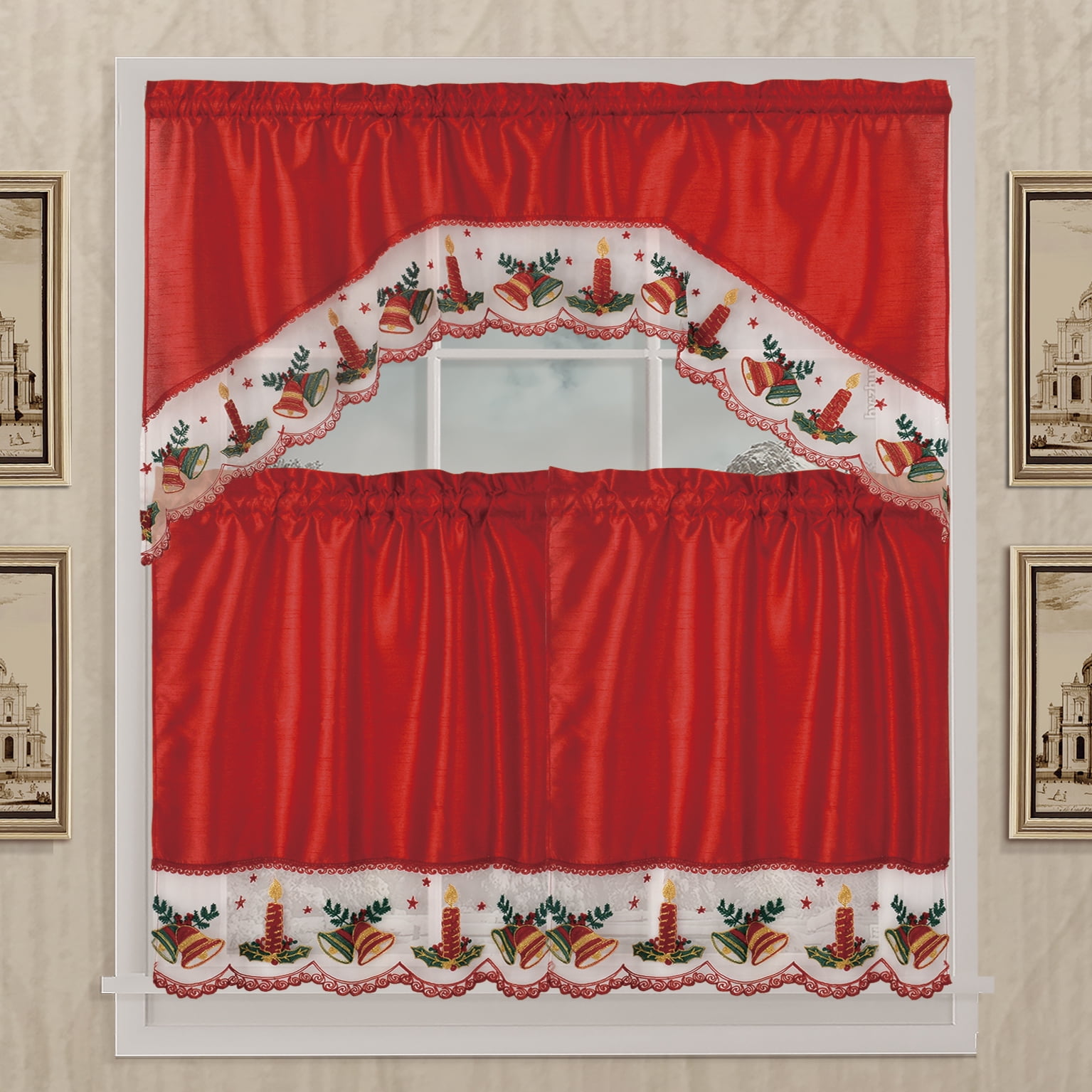 Kashi Home Holiday Kitchen Curtain Set, Holiday Candle Red - Walmart.com
