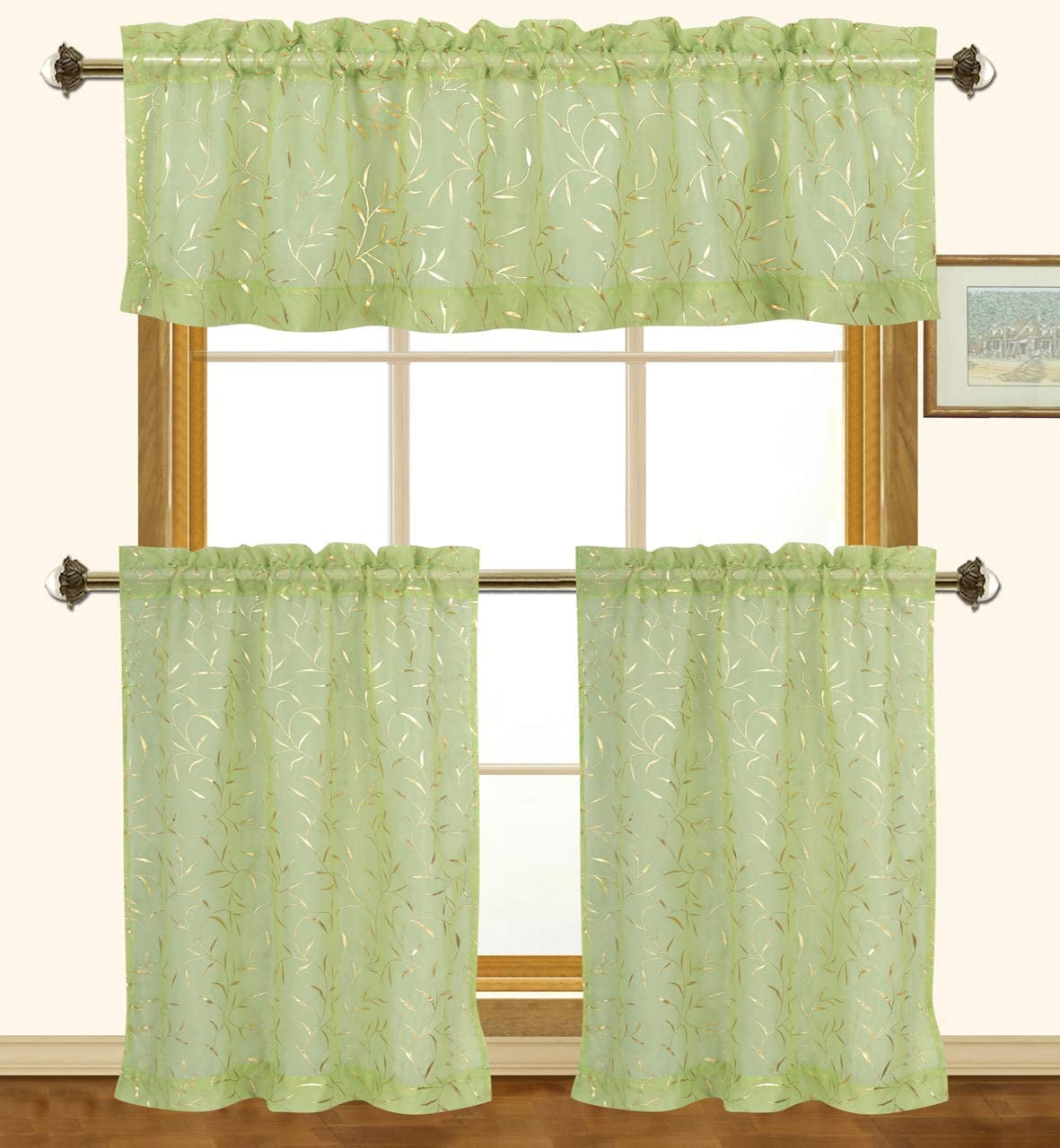 Kashi Home Jane 3 Piece Kitchen Curtain Set Printed Foil Leaves Sheer ...